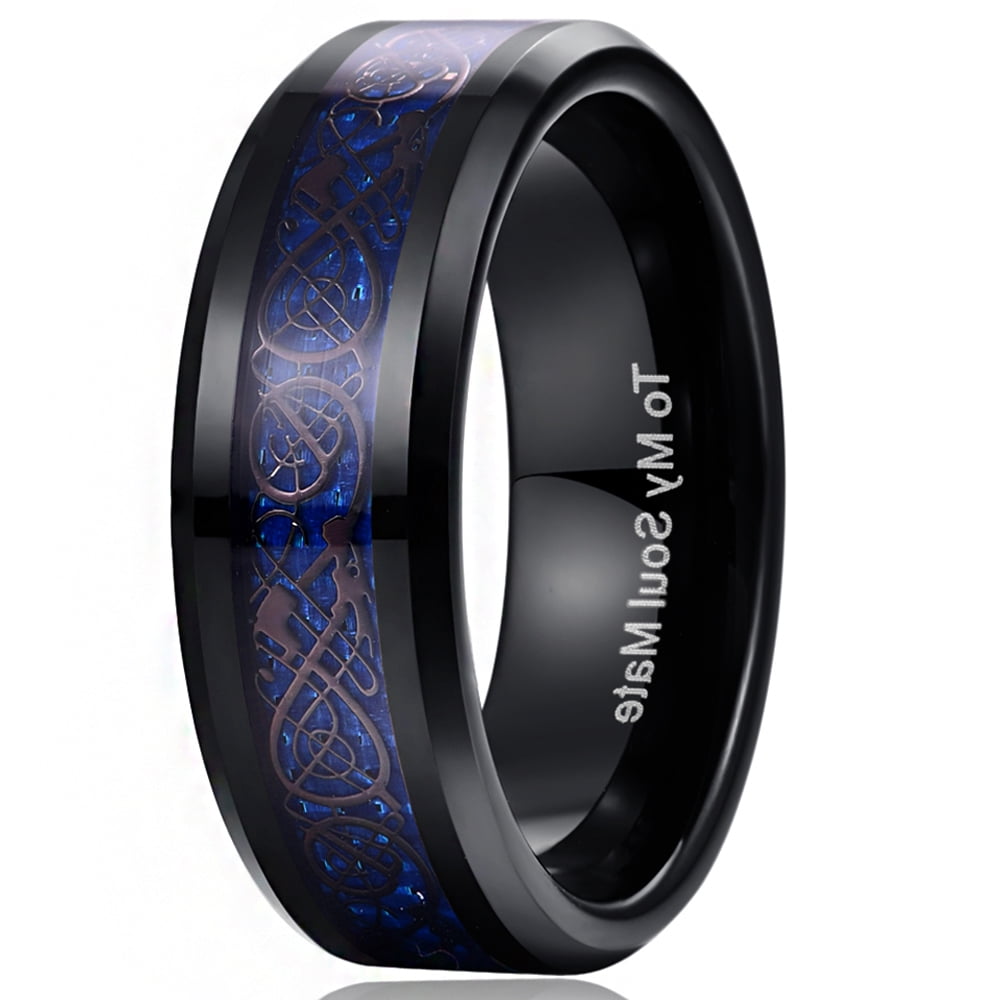 8mm Black Blue Tungsten Rings for Men Women Celtic Dragon Wedding Band ...