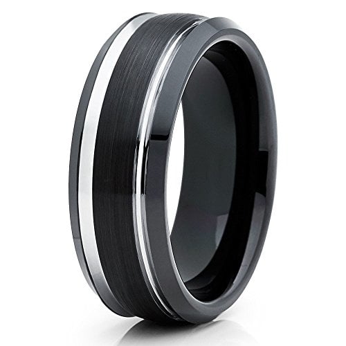 8mm Black Brushed Tungsten Carbide Ring Unique Silver Edged Wedding ...