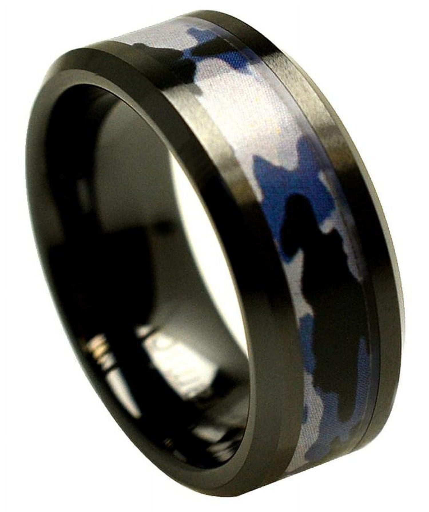 8mm Black Ceramic Beveled Edge Blue Gray Camouflage Inlay Wedding Band ...