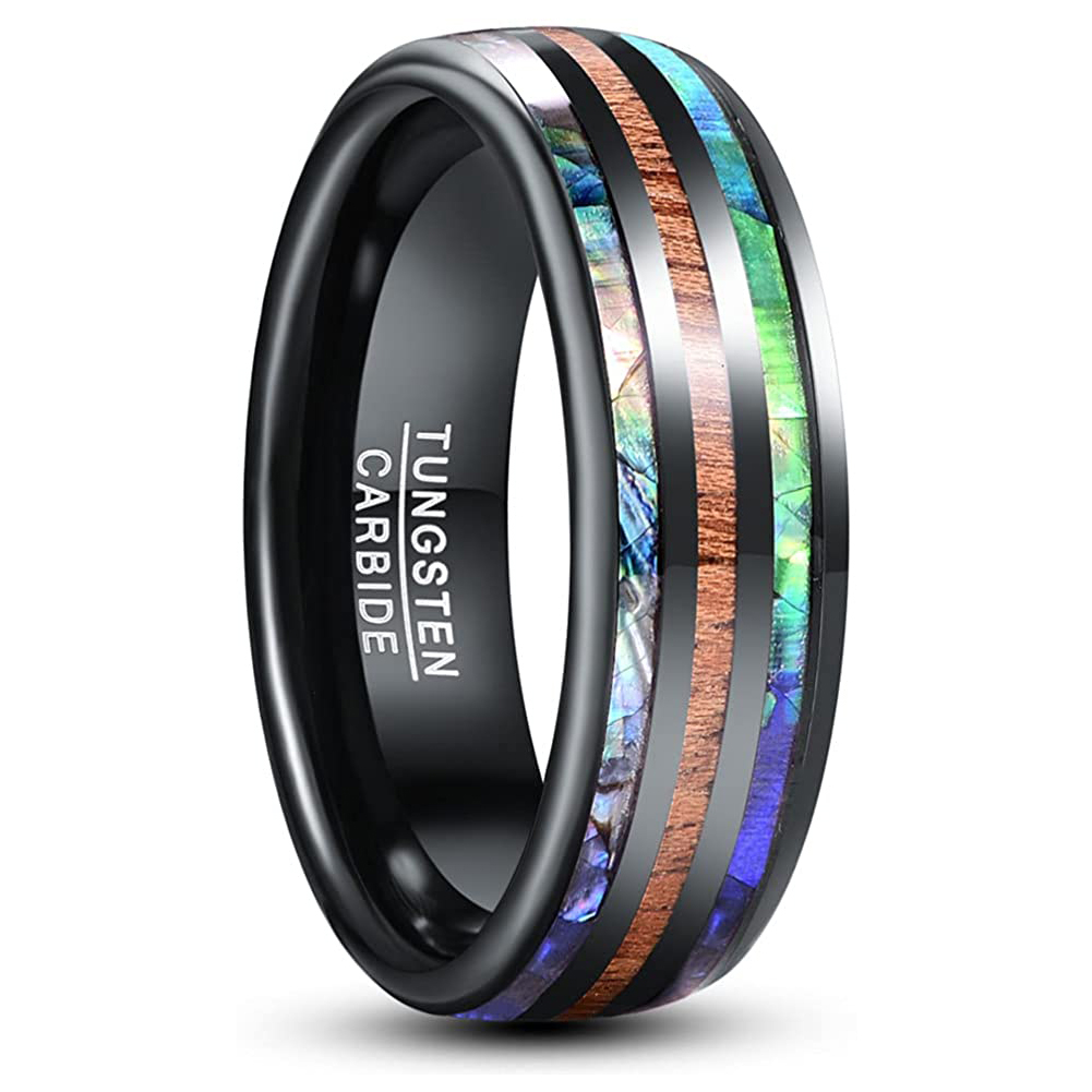 8mm Black Mens Abalone Shell Tungsten Ring Hawaiian Koa Wood Inlay ...