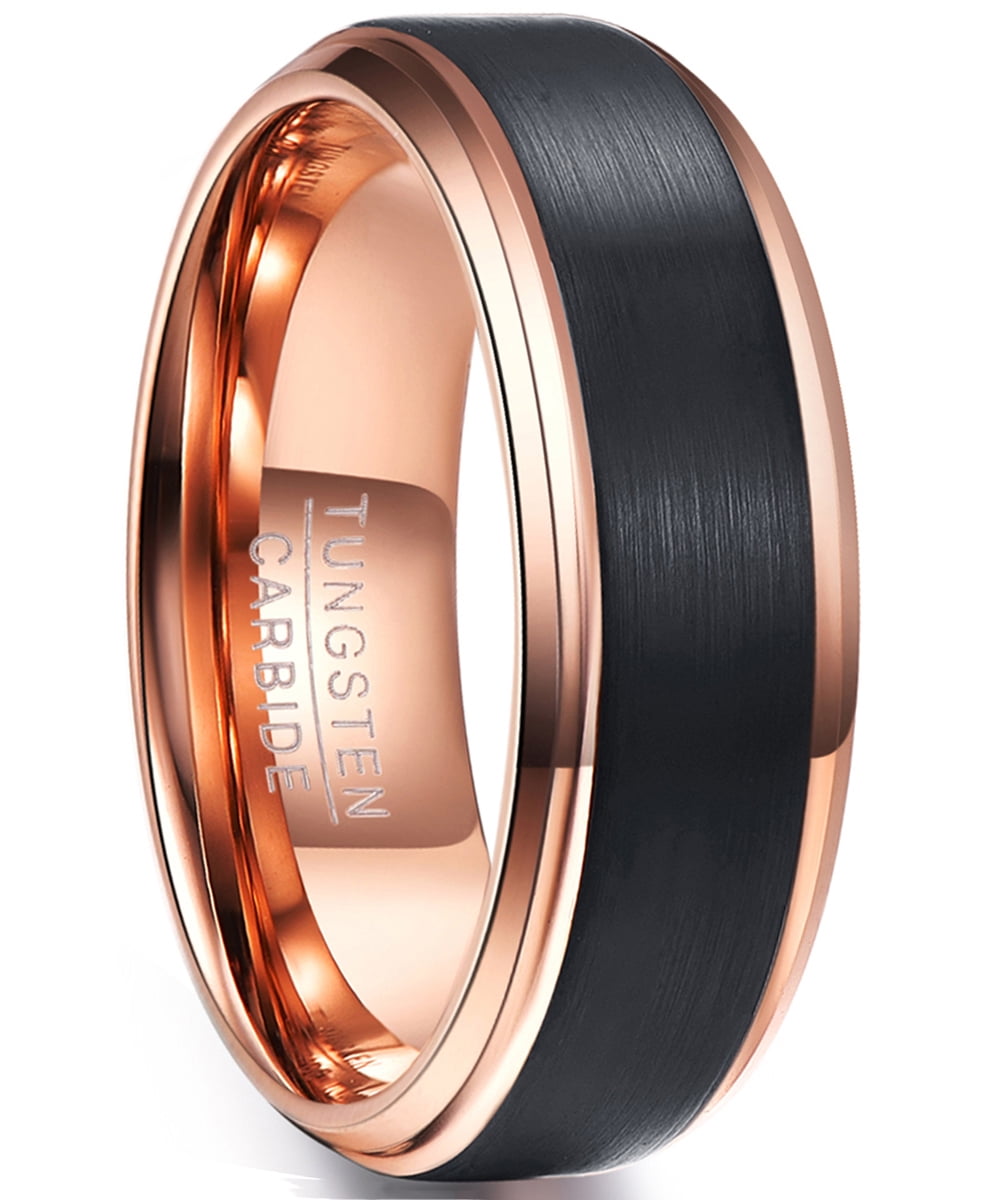 8mm Black Rose Gold Tungsten Carbide Wedding Band Ring for Men Brushed Finish Size 5-15 ...