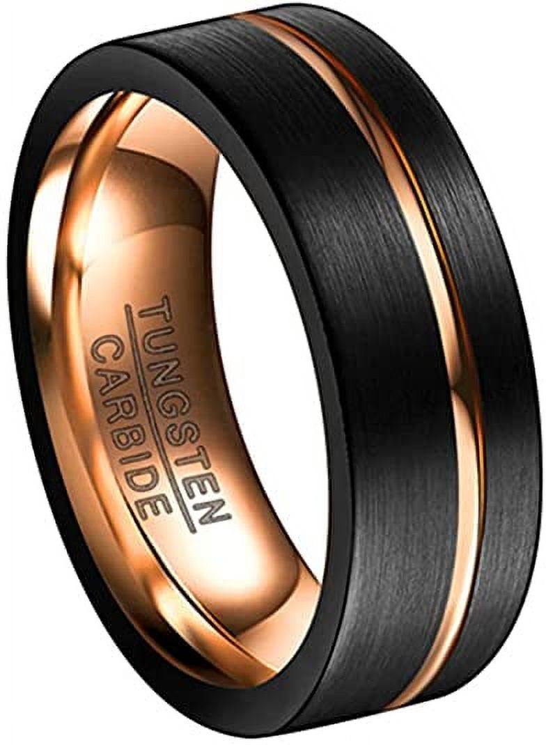 8mm Black Rose Gold Tungsten Rings for Men Two-Tone Wedding Engagement Bands with Groove Brushed ...