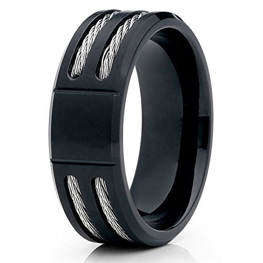8mm Black Titanium Ring Rope Inlay Matter Finish Titanium Ring Men's ...