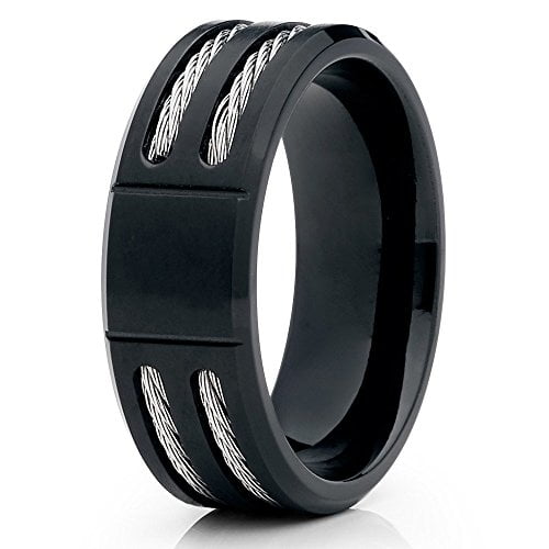 8mm Black Titanium Ring Rope Inlay Matter Finish Titanium Ring Mens ...