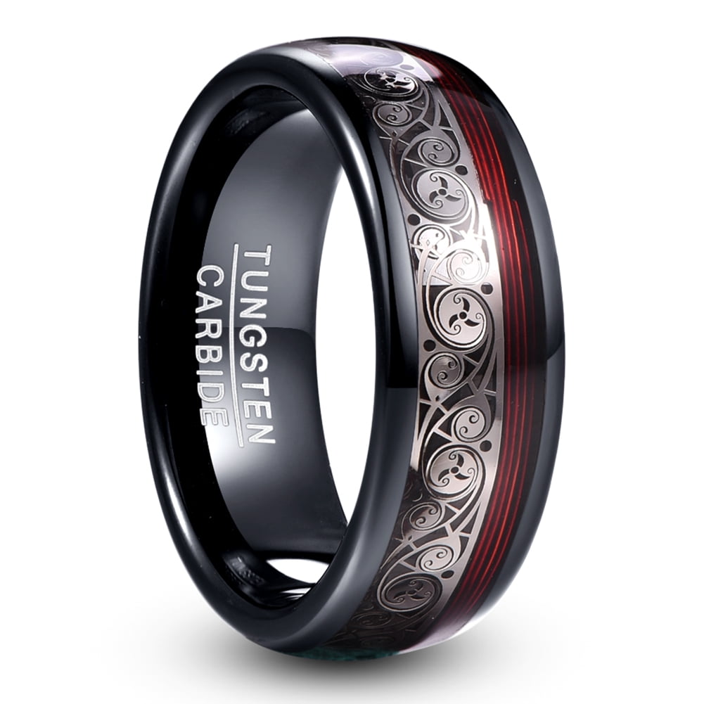 8mm Black Tungsten Carbide Ring for Men with Celtic Spiral and Red ...