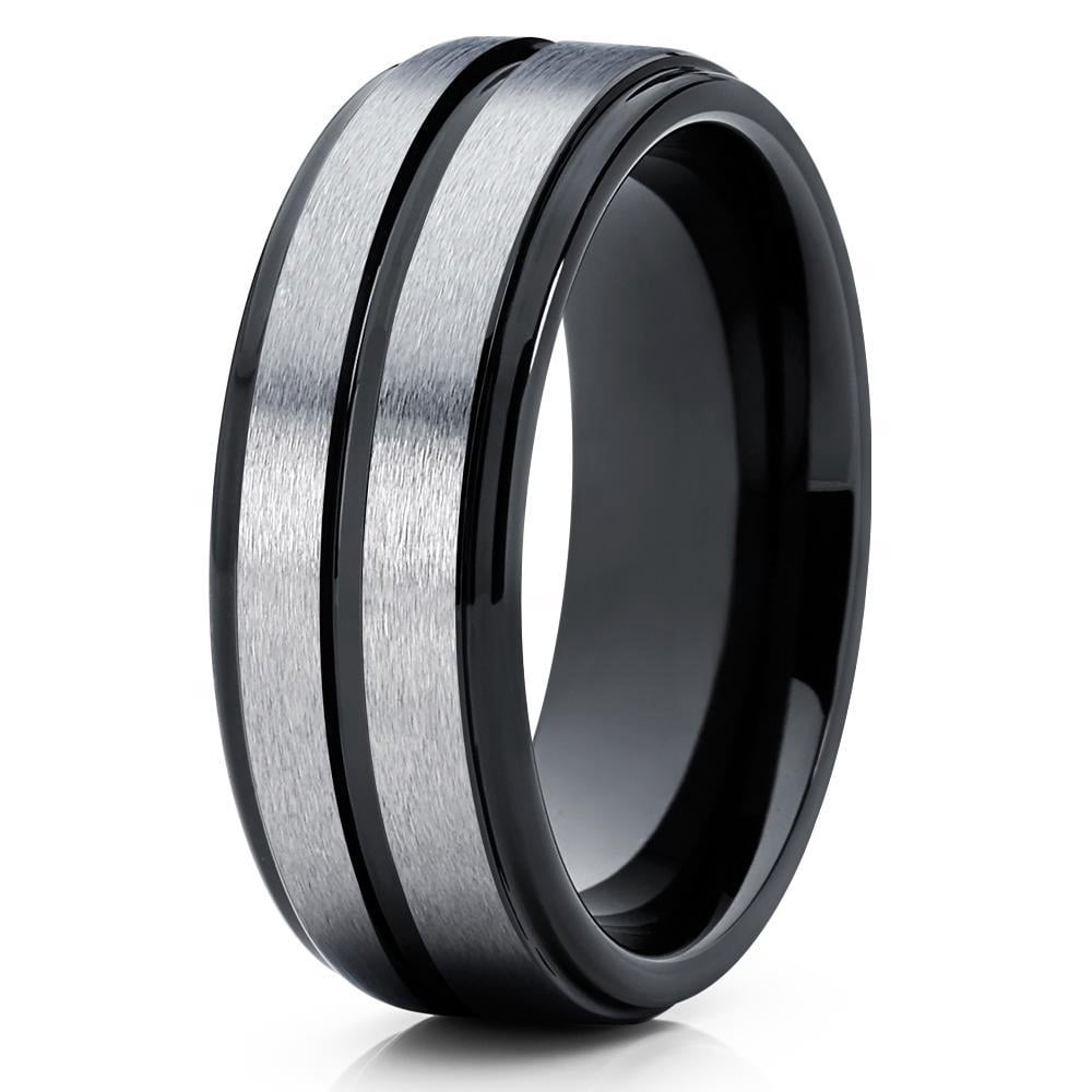 8mm Black Tungsten Carbide Wedding Ring Silver Brushed Finish Center ...