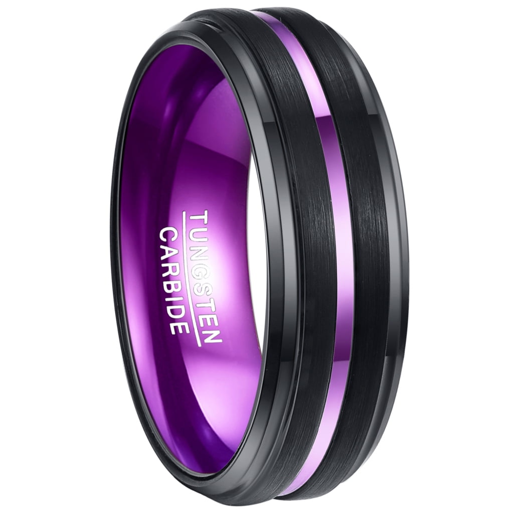 8mm Black Tungsten Rings for Men Women Purple Groove Stepped Beveled ...