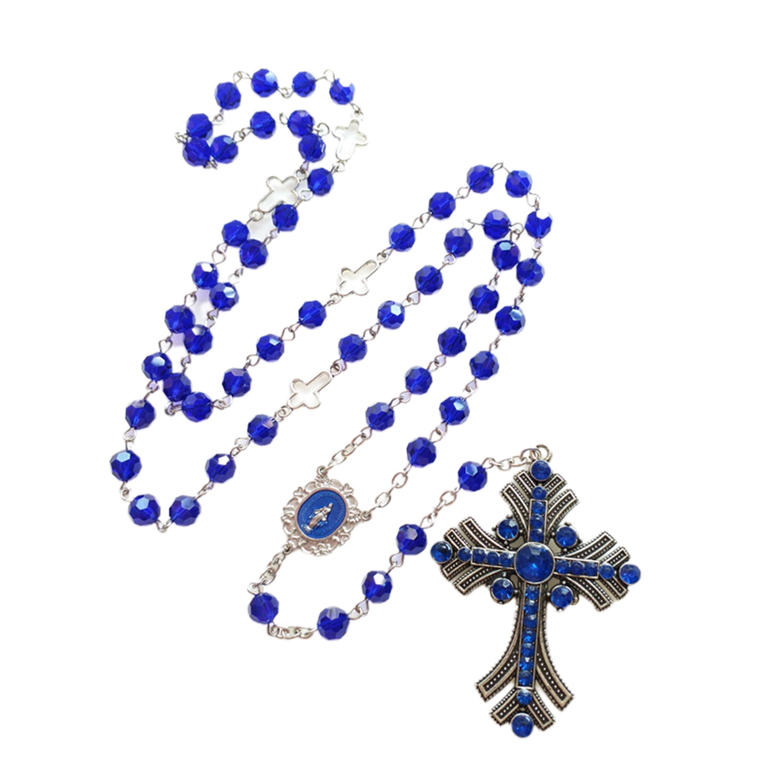 8mm Blue Crystal Beads Rosary Necklace Crucifix Pendant Chain Catholic ...