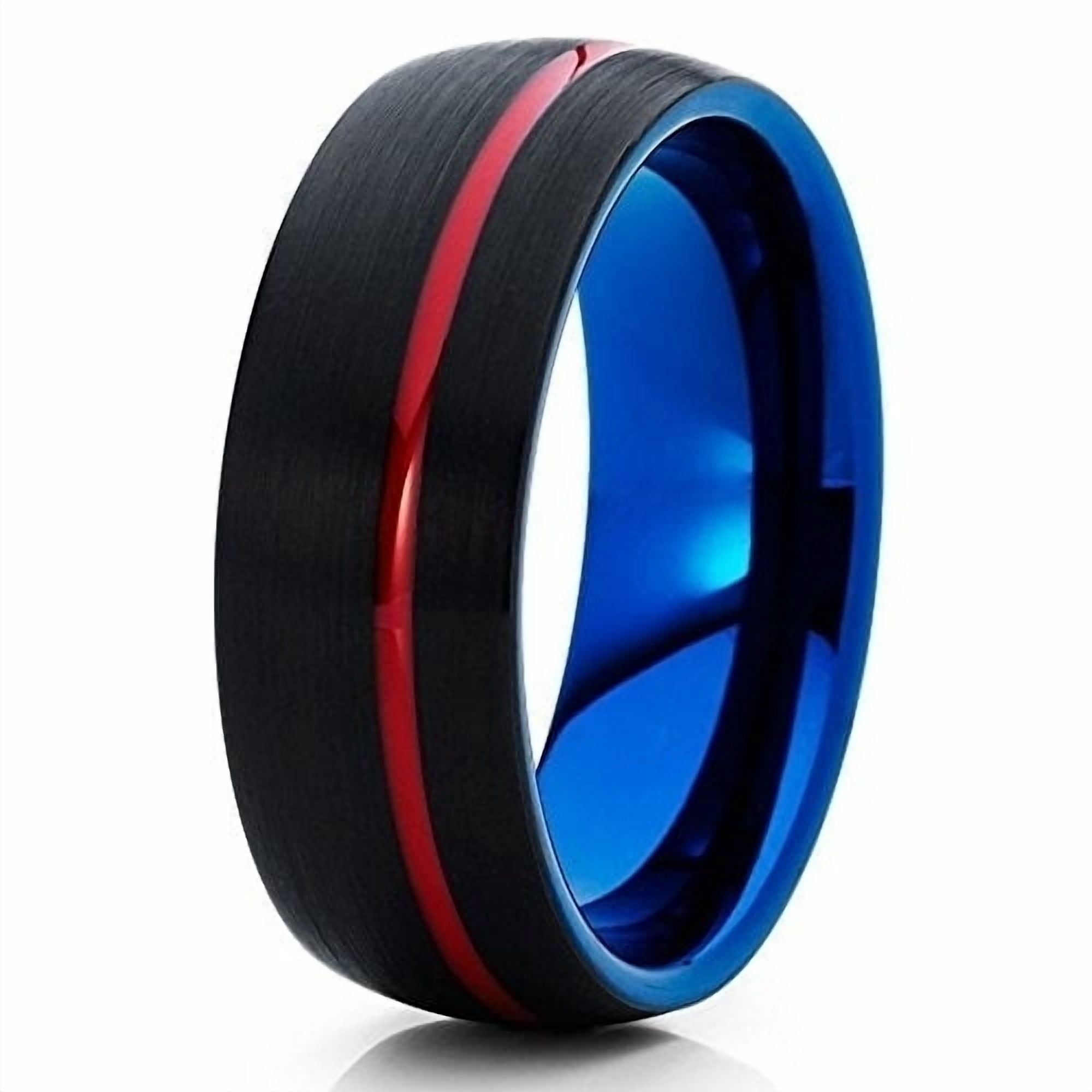 8mm Blue and Red Tungsten Ring Black Tungsten Band Blue Tungsten ...