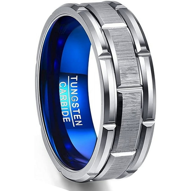 8mm Brick Pattern Tungsten Ring for Men Silver Blue Wedding Band with ...