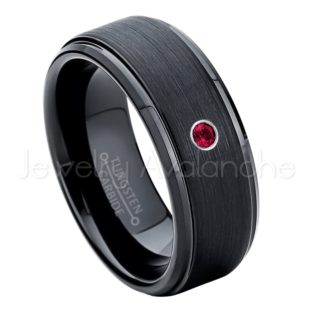 8mm Brushed Black Mens Tungsten Ring - 0.07ct Solitaire Ruby Ring ...