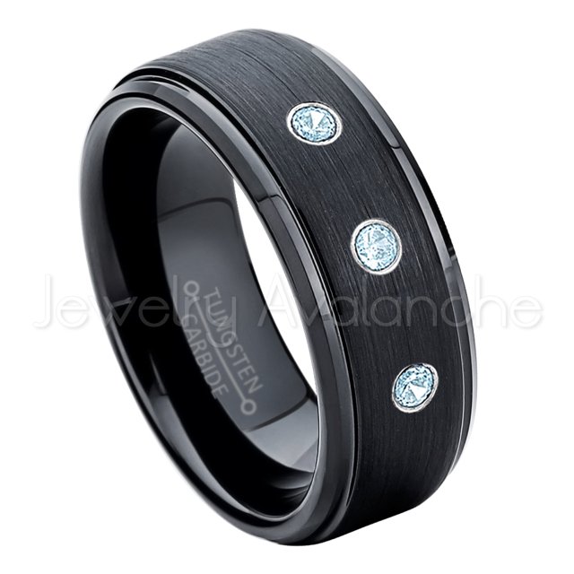 8mm Brushed Black Mens Tungsten Ring - 0.21ctw Topaz 3-stone Band ...