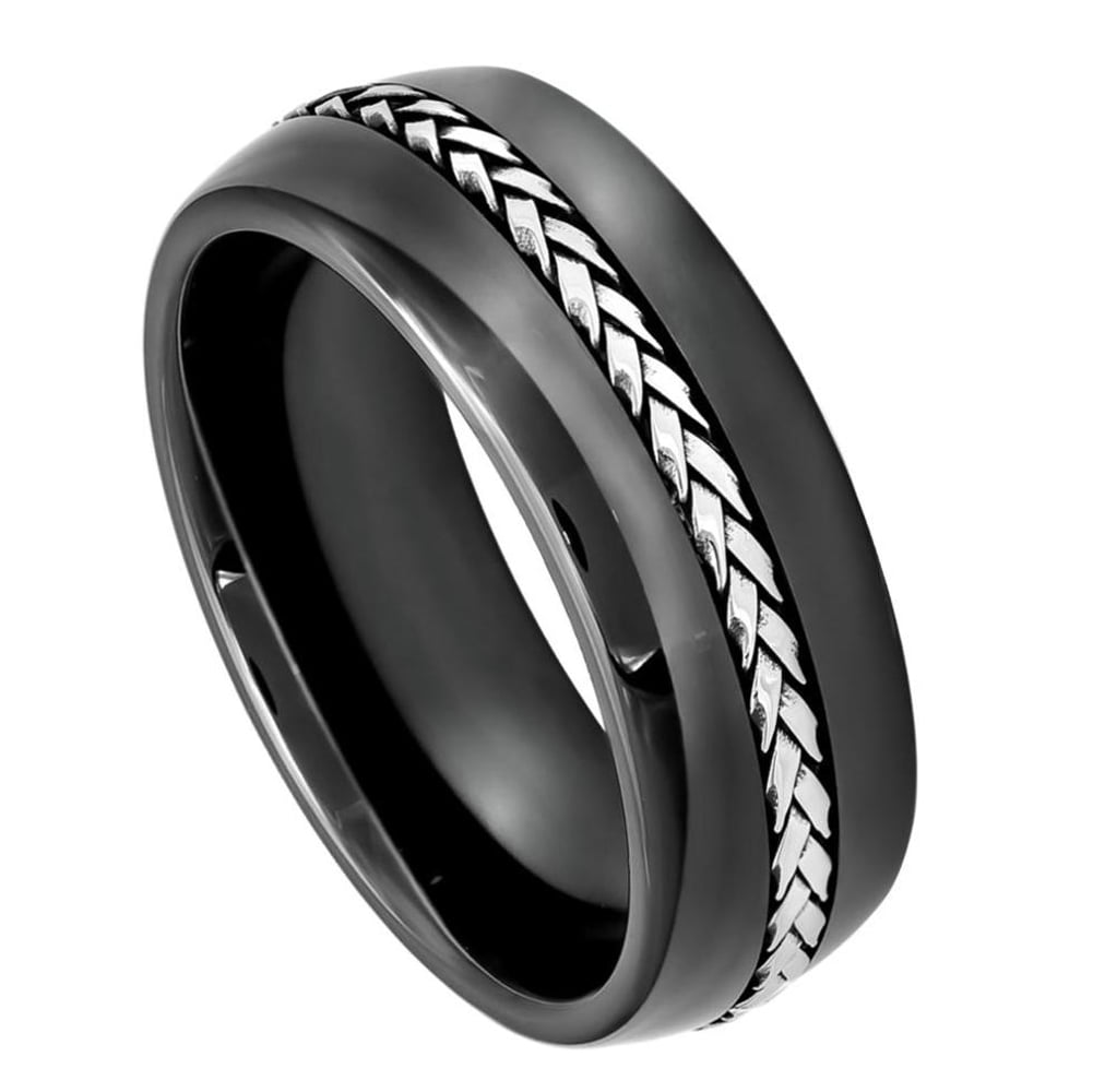 8mm Ceramic Domed Black with Braided Stainless Steel Inlay Wedding Band ...