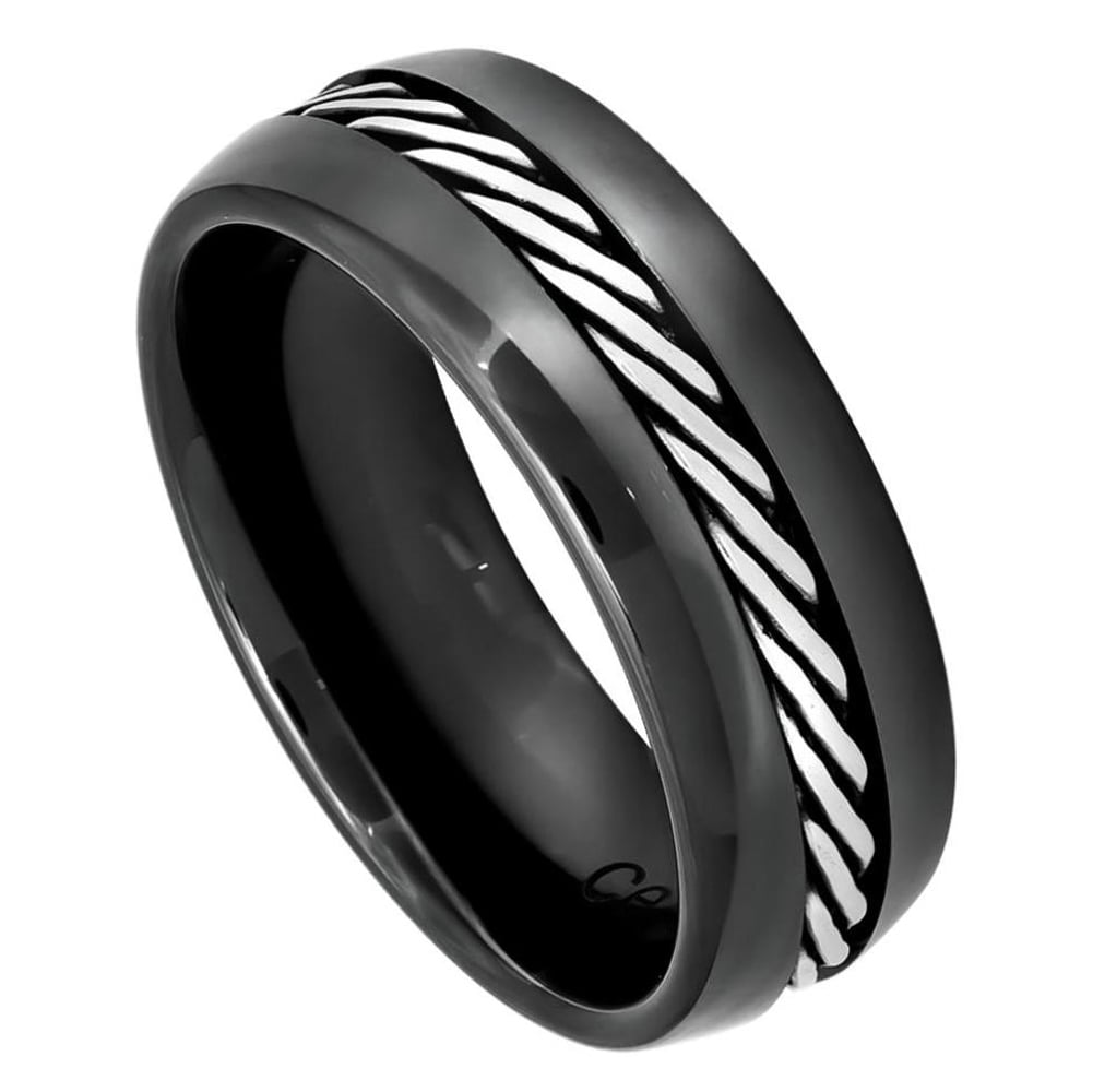 8mm Ceramic Domed Black with Single Rope Stainless Steel Inlay Wedding ...