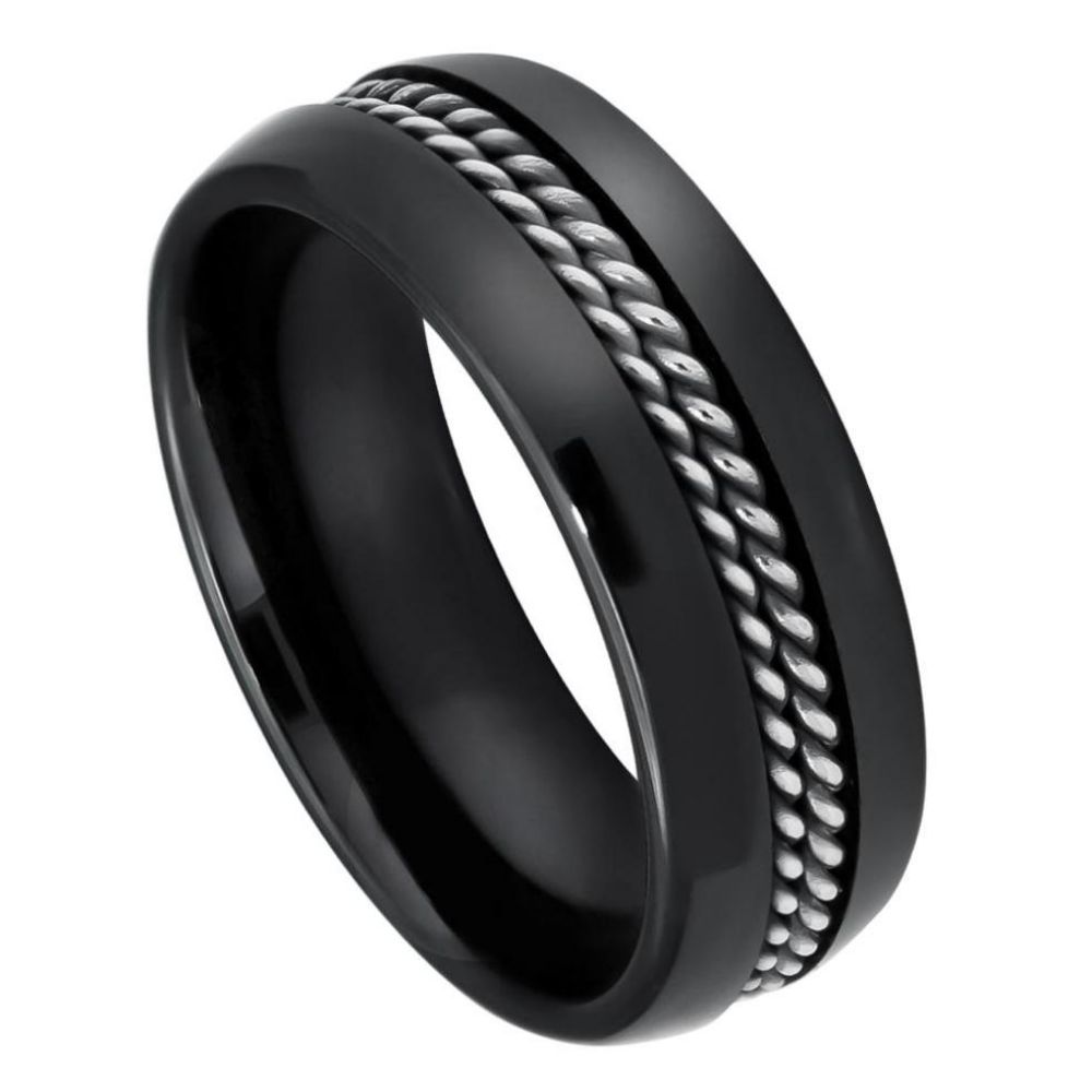 8mm Ceramic Ring High Polished Domed Black with Double Rope Stainless ...
