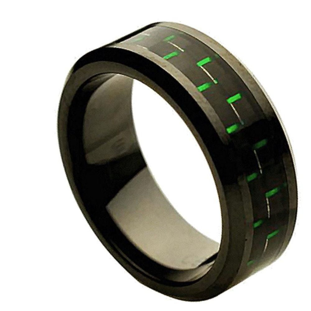 8mm Ceramic Ring with Green Black Carbon Fiber Inlay Wedding Band Ring ...