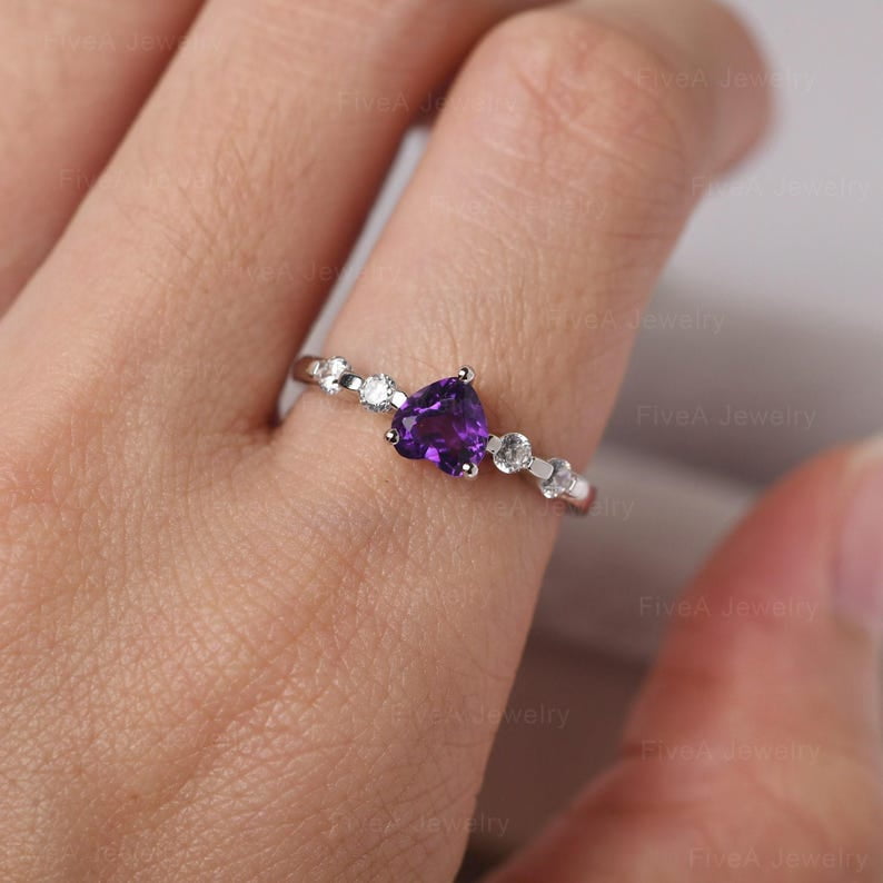 8mm Heart Shaped Amethyst Promise Ring Solid Silver Purple Stone Ring ...