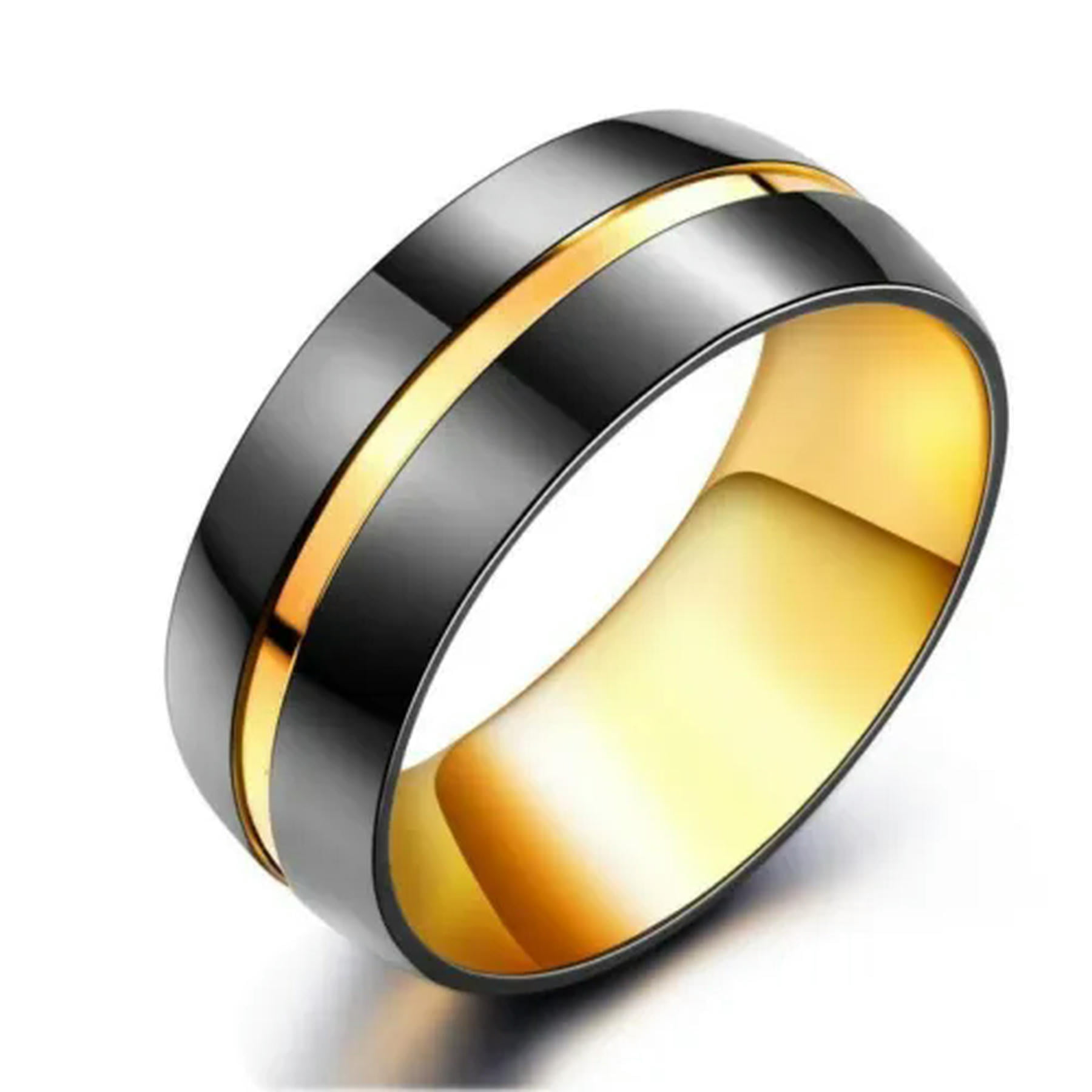 8mm High Polished Black Band Men's 316L Stainless Steel Gold Line Ring ...