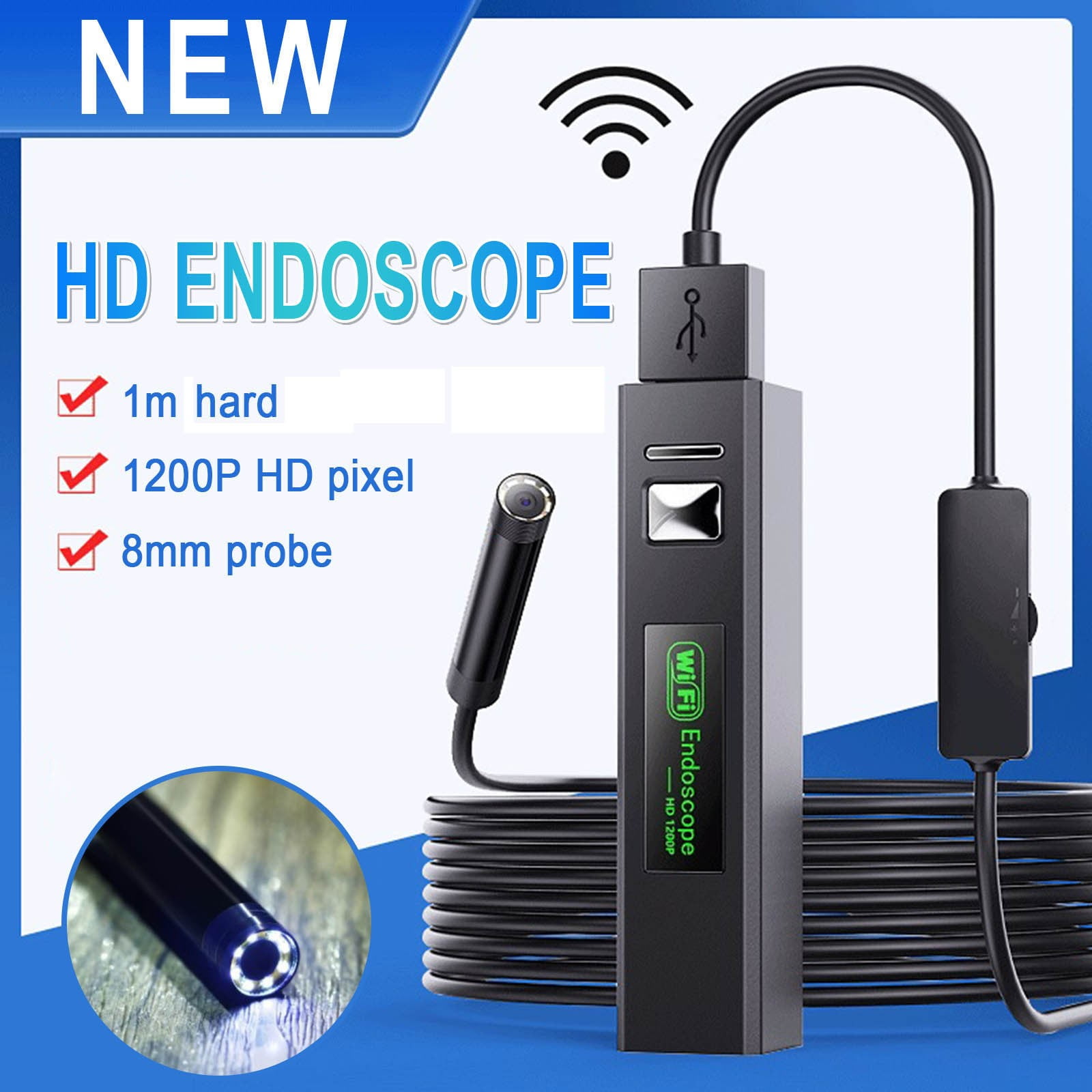 8mm Lens Endoscope Camera, android Compatible, 8 LEDs + 1m Range ...