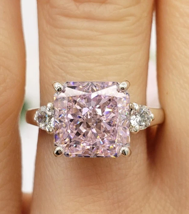 8mm Light Pink Crushed Ice Radiant Cut Three Stone Ring 5A Quality ...