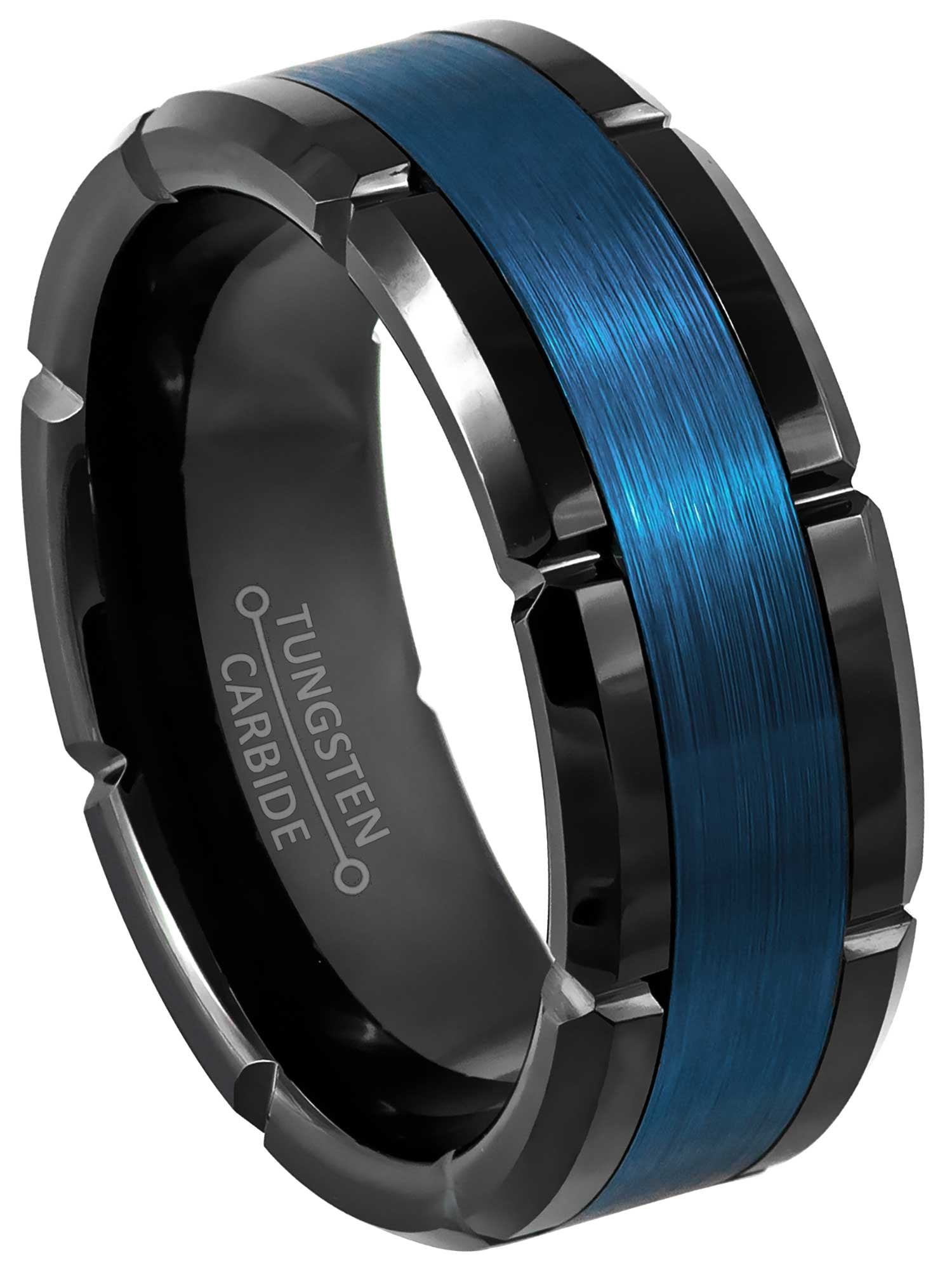 8mm Men's 2-Tone Black & Blue Tungsten Wedding Band, Brushed Finish ...
