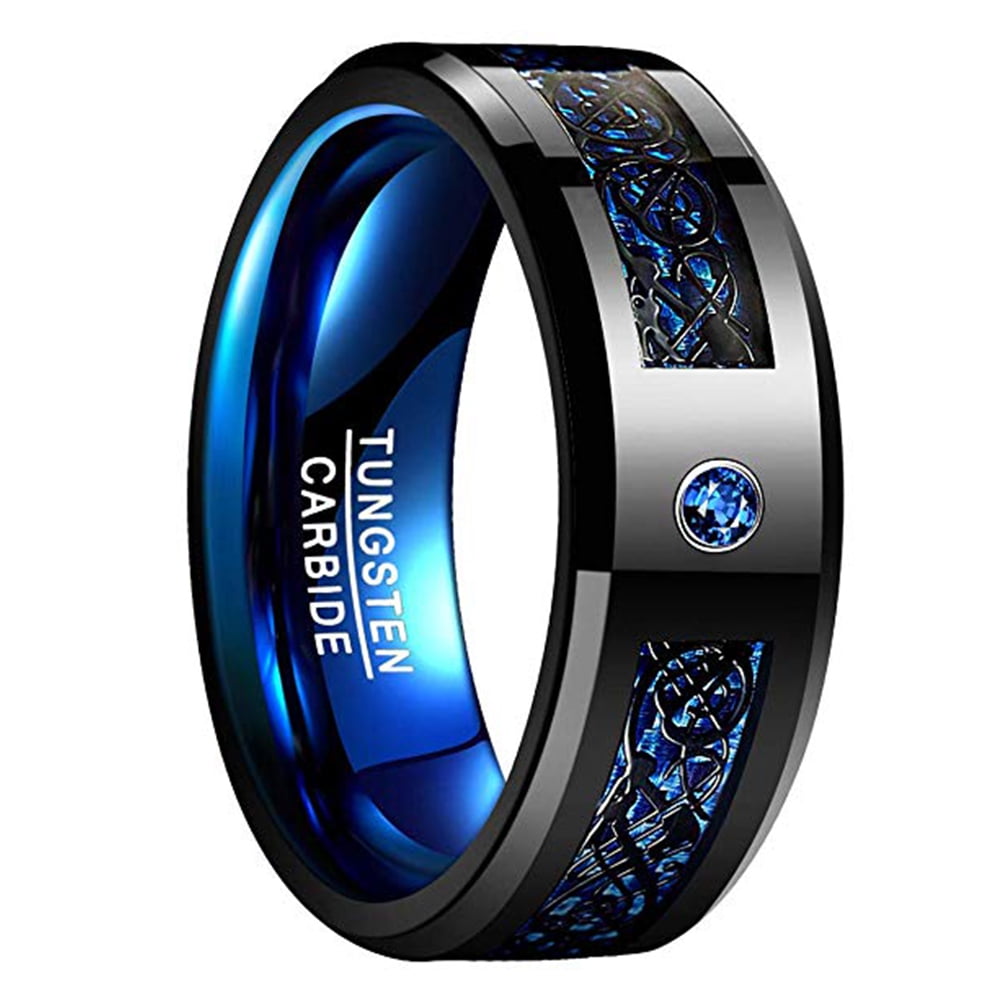 8mm Men's Black Blue Tungsten Rings Wedding Band with Celtic Dragon and ...