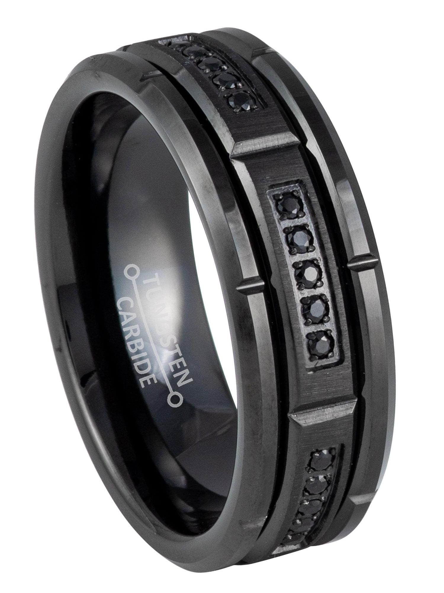 8mm Black Tungsten Eternity Wedding Band, Sectional CZ Beveled Edge ...