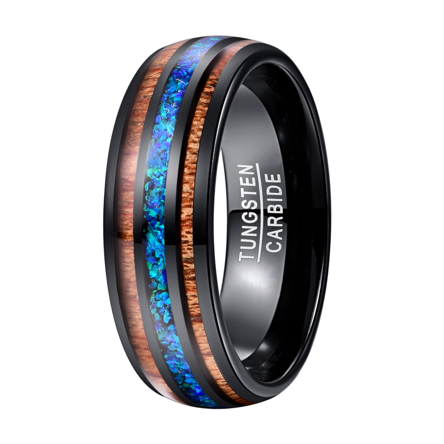 8mm Men's Black Tungsten Rings Blue Created Opal and Hawaiian Koa Wood ...