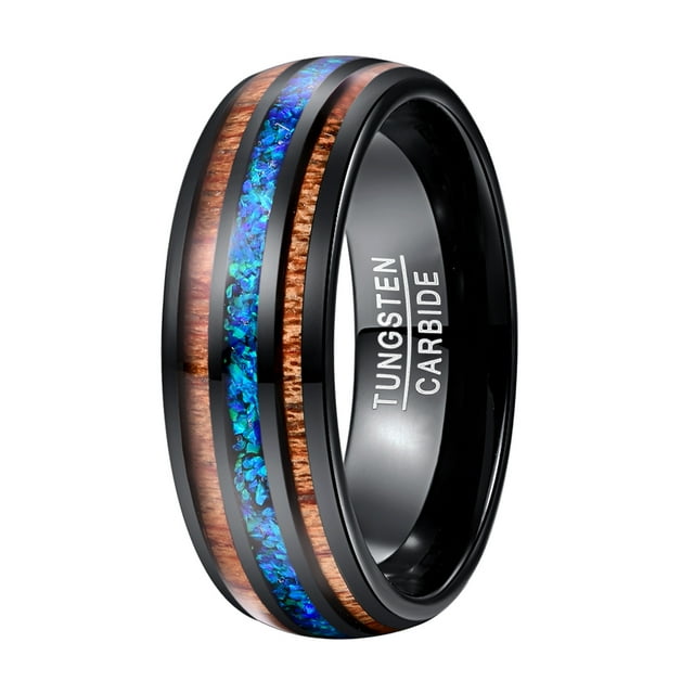 8mm Men's Black Tungsten Rings Blue Created Opal and Hawaiian Koa Wood Inlay Wedding Band ...