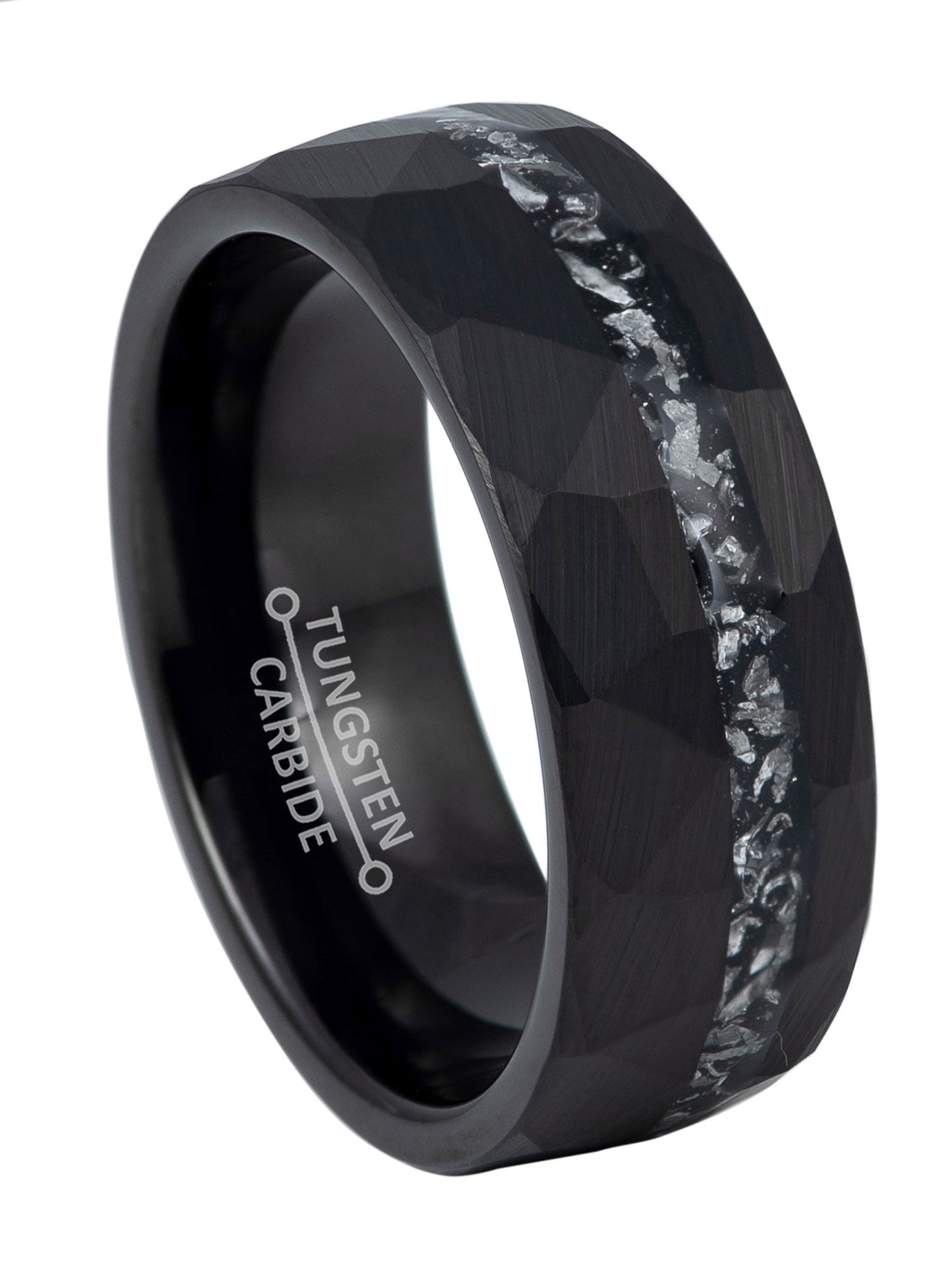 8mm Men's Black Tungsten Wedding Band, Titanium Shaving Inlay Hammered ...