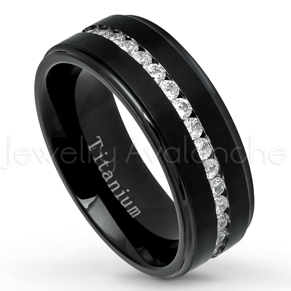 8mm Men's Titanium Wedding Ring, Brushed Finish Black IP Eternity CZ ...