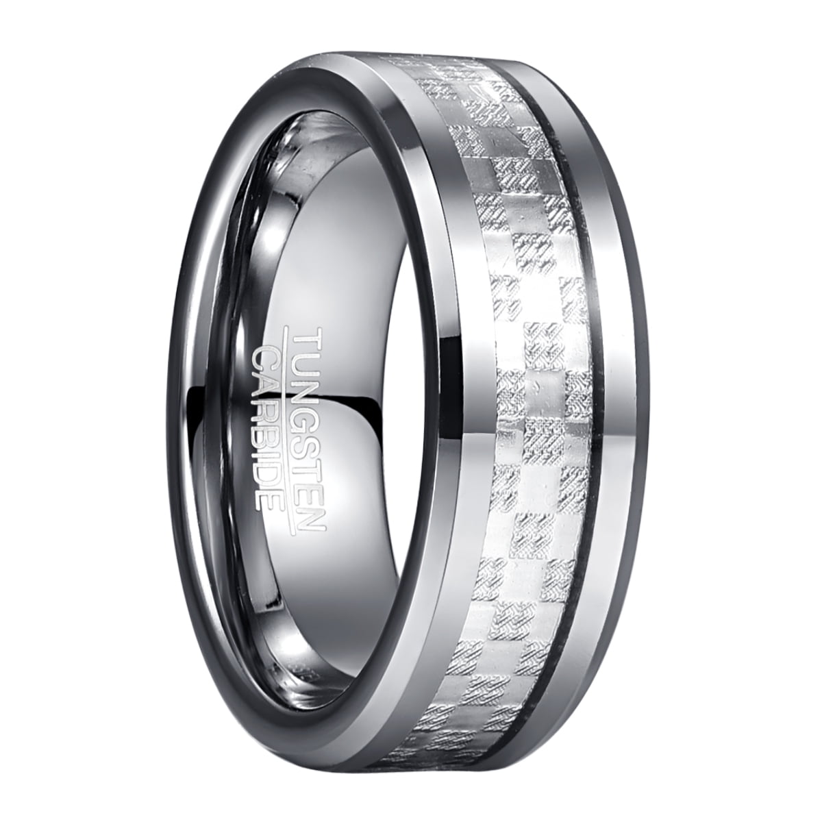8mm Men's Silver Wedding Band Tungsten Rings Inlaid with Checkered ...