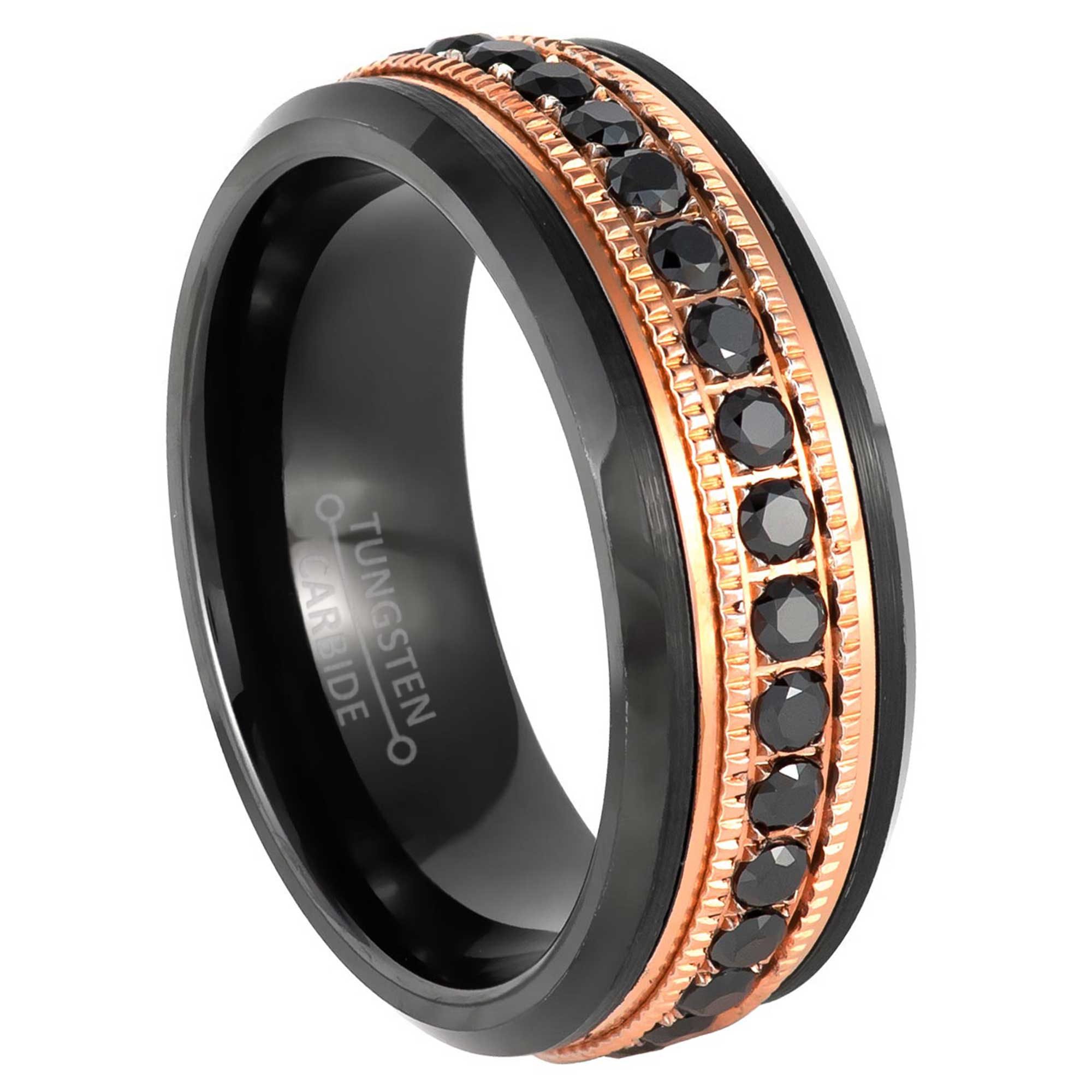 8mm Mens 2-Tone Eternity Tungsten Wedding Band, CZ Stones, Beveled Edge ...