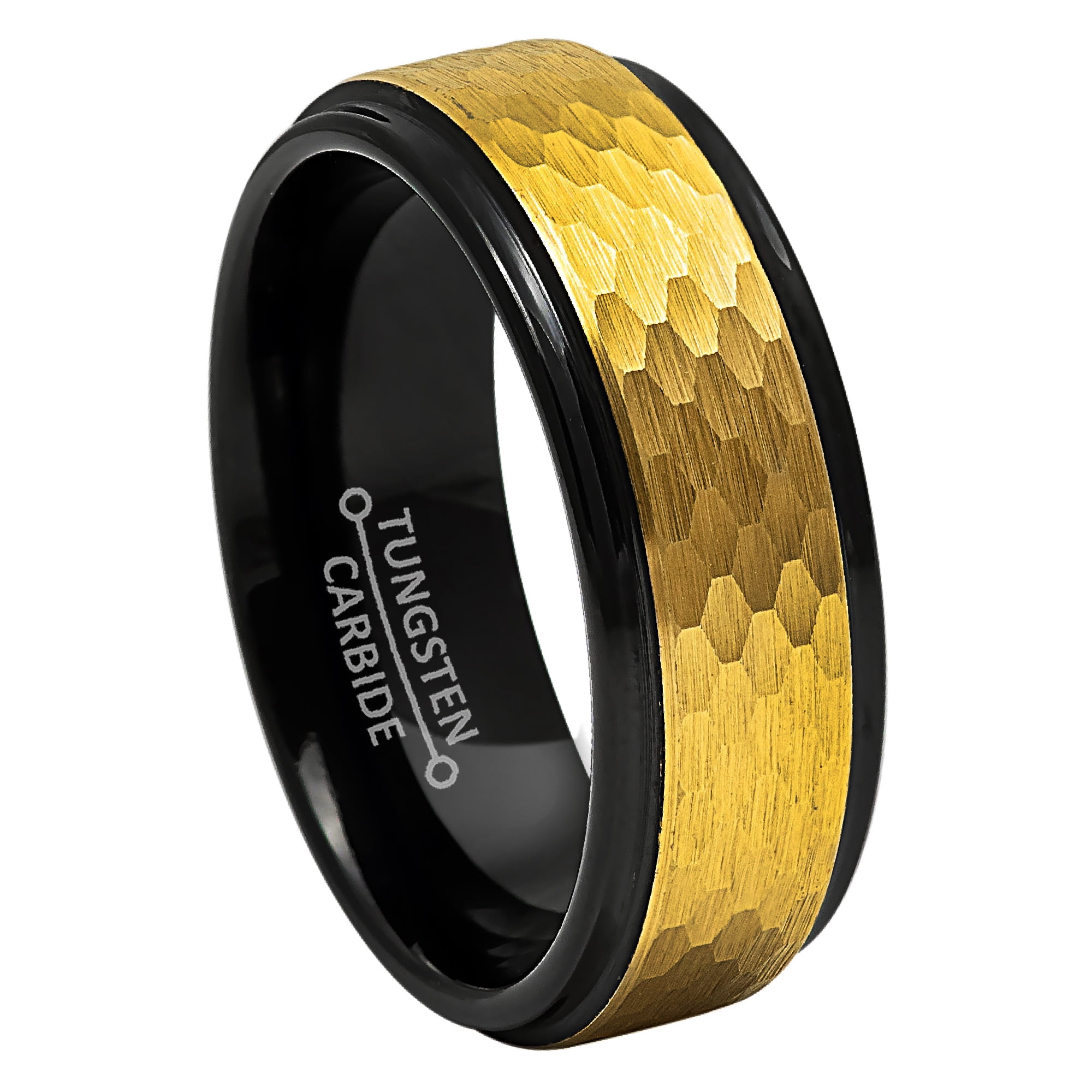 8mm Mens 2-Tone Tungsten Wedding Band, Hammered Center, Stepped Edge ...