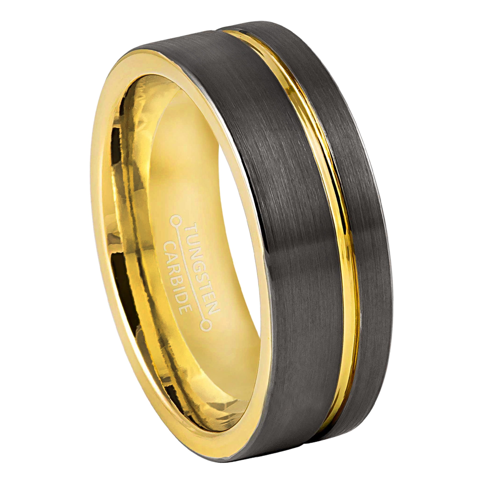 8mm Mens 2-Tone Yellow Gold Tungsten Wedding Band, Off Center Groove ...