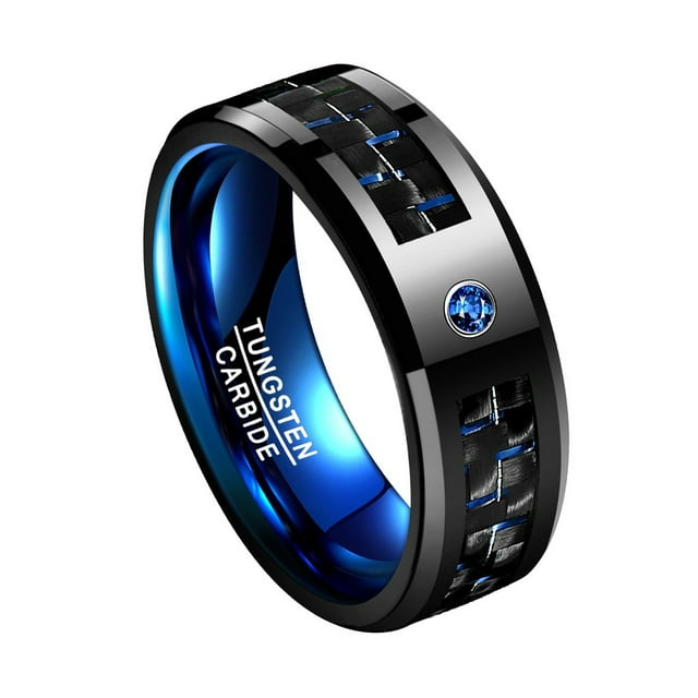8mm Mens Black Tungsten Carbide Ring Blue Carbon Fiber Wedding Band with Cubic Zirconia Size 6 ...