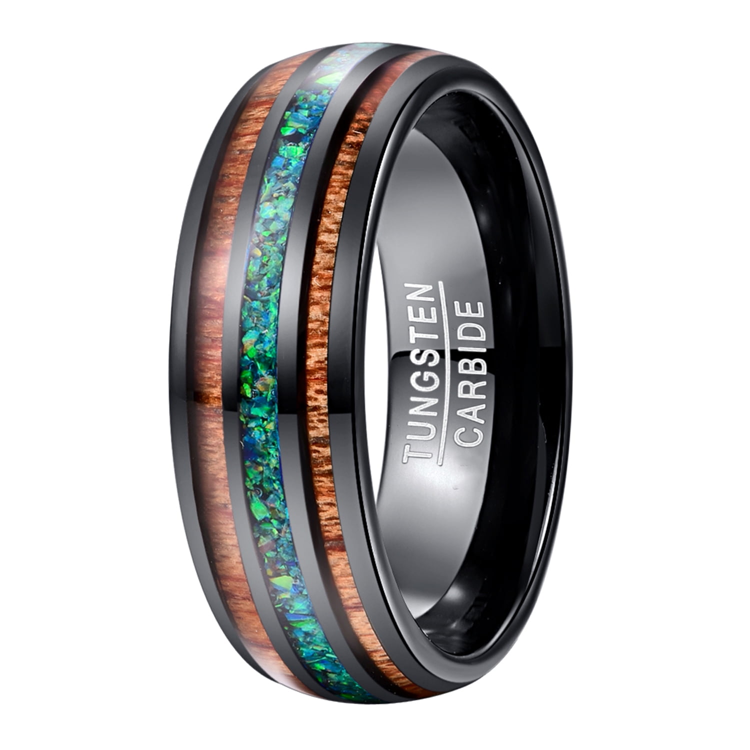 8mm Mens Black Tungsten Rings Green Created Opal and Hawaiian Koa Wood ...
