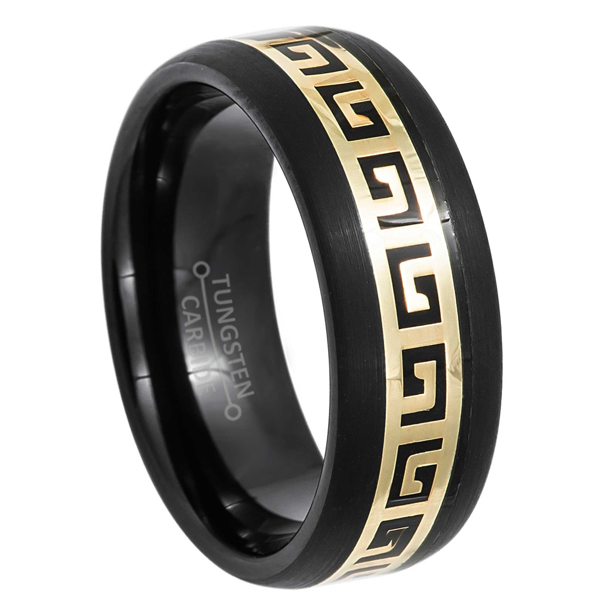8mm Mens Black Tungsten Wedding Band, Greek Key Inlay, Dome Engagement ...