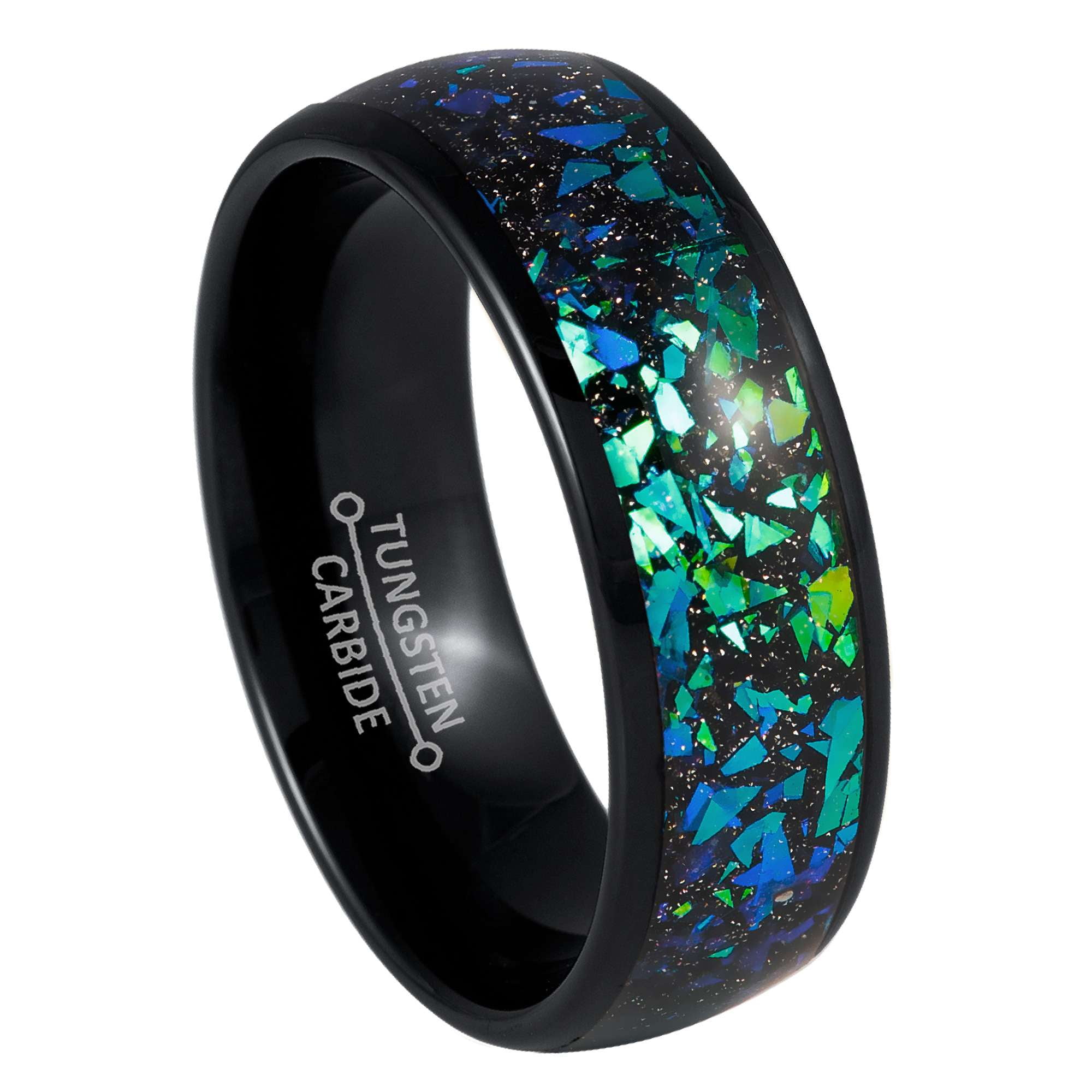 8mm Mens Black Tungsten Wedding Band, Green Opal & Abalone Fragments ...