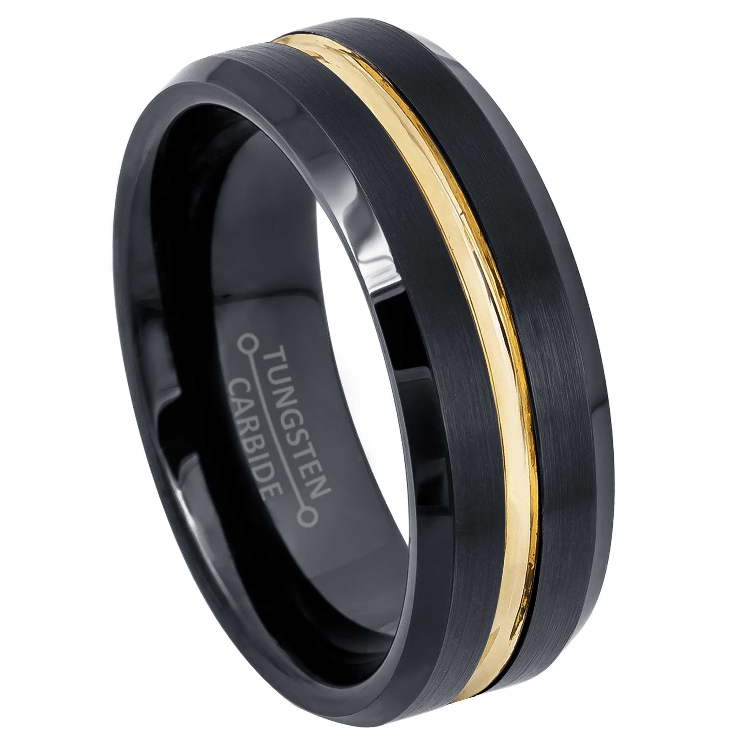 8mm Mens Black Tungsten Wedding Band, Grooved Center, Beveled Edge ...