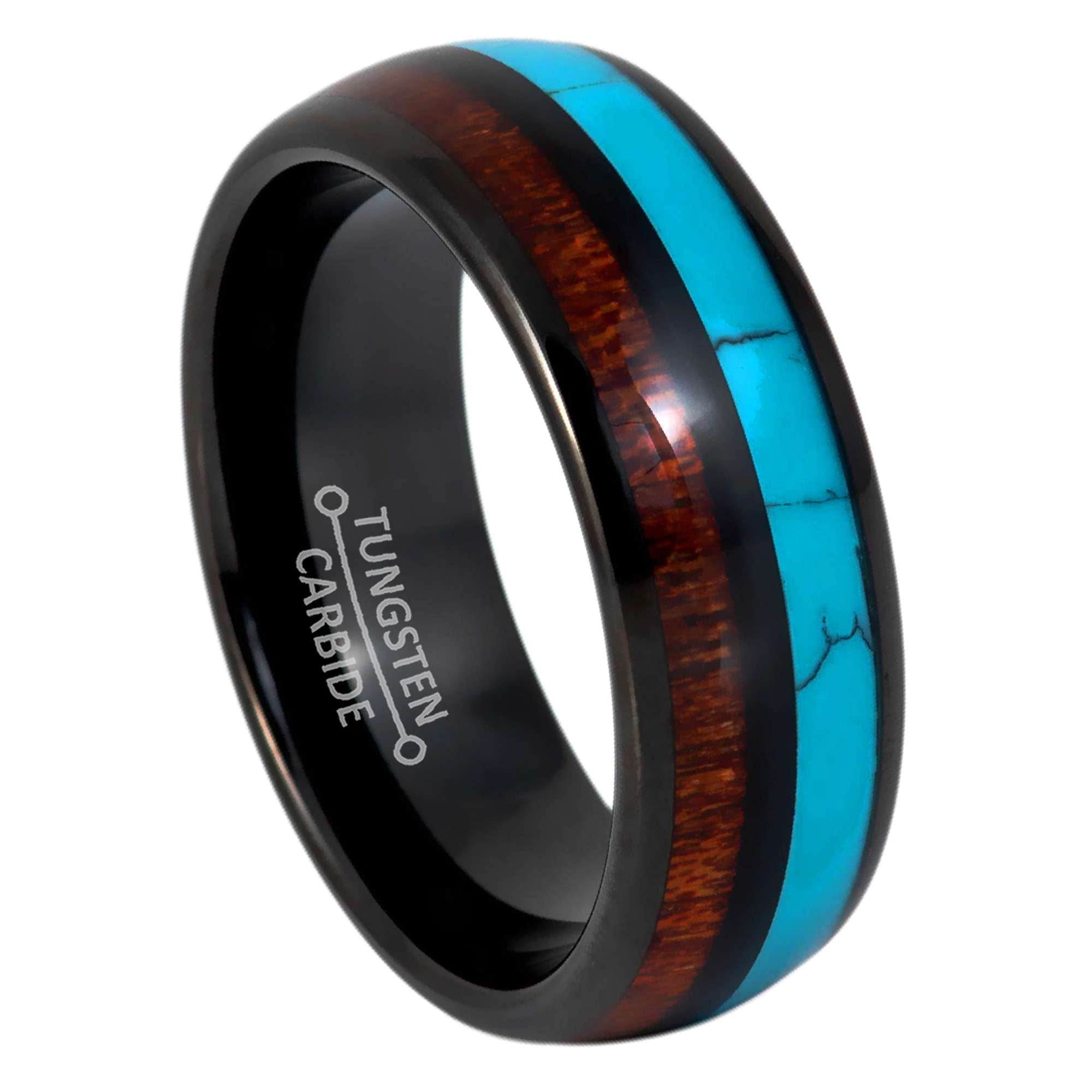 8mm Mens Black Tungsten Wedding Band, Split Wood & Turquoise Inlay Dome Promise Ring ...