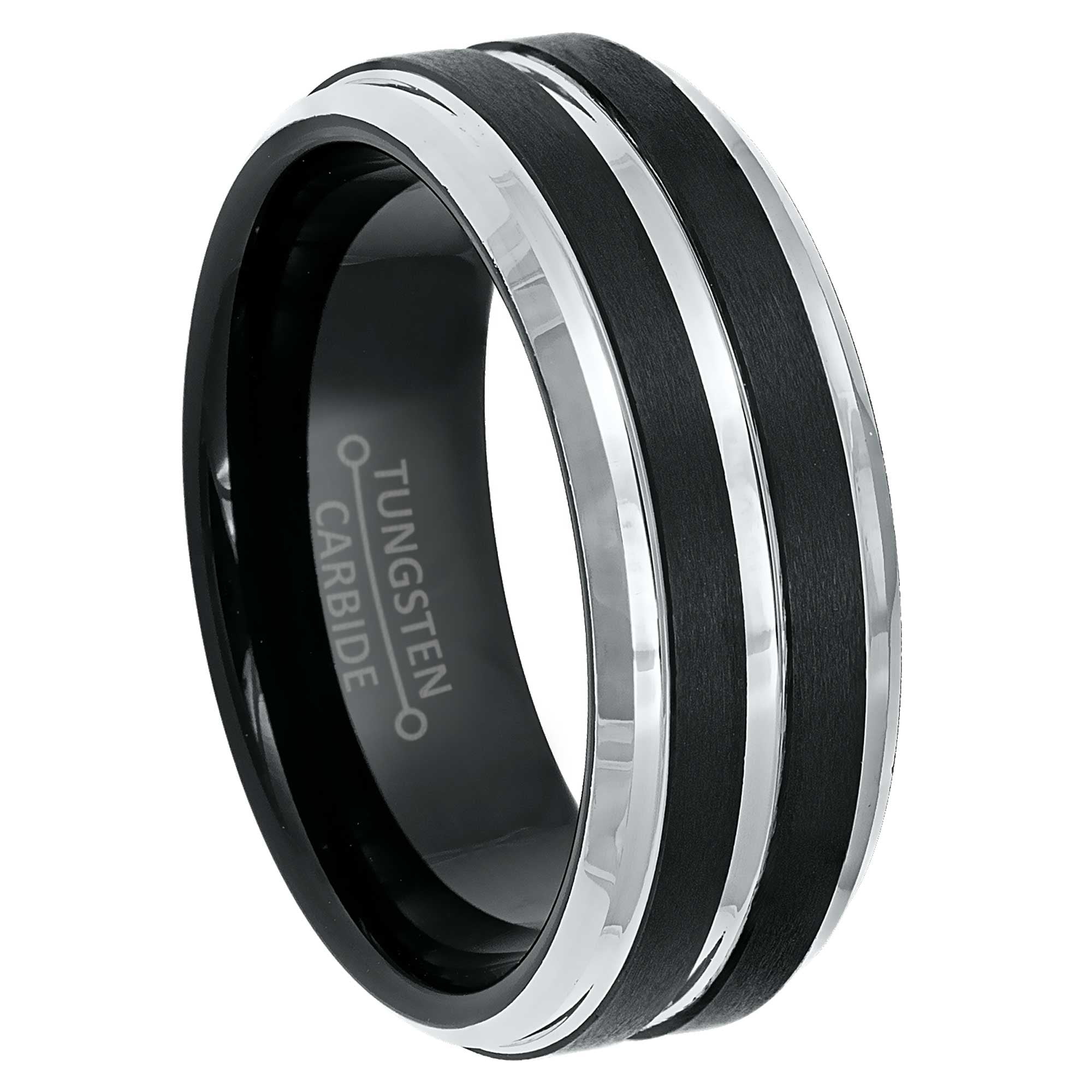 8mm Mens Black Tungsten Wedding Band, Two Pinstripe, Unplated Beveled ...