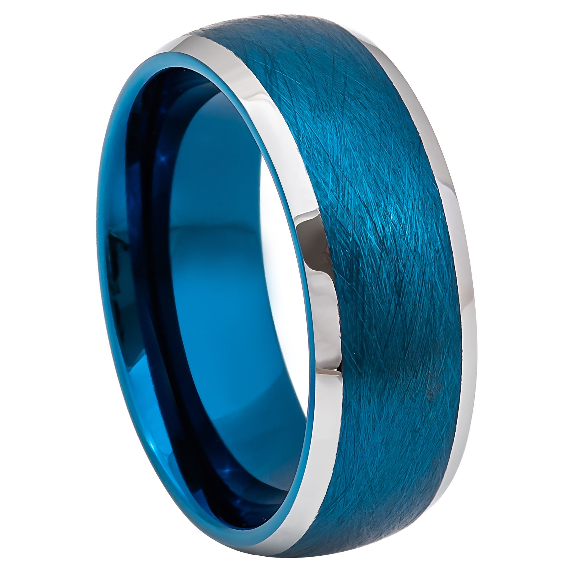 8mm Mens Blue Tungsten Wedding Band, Brushed Center Comfort-Fit, Dome ...