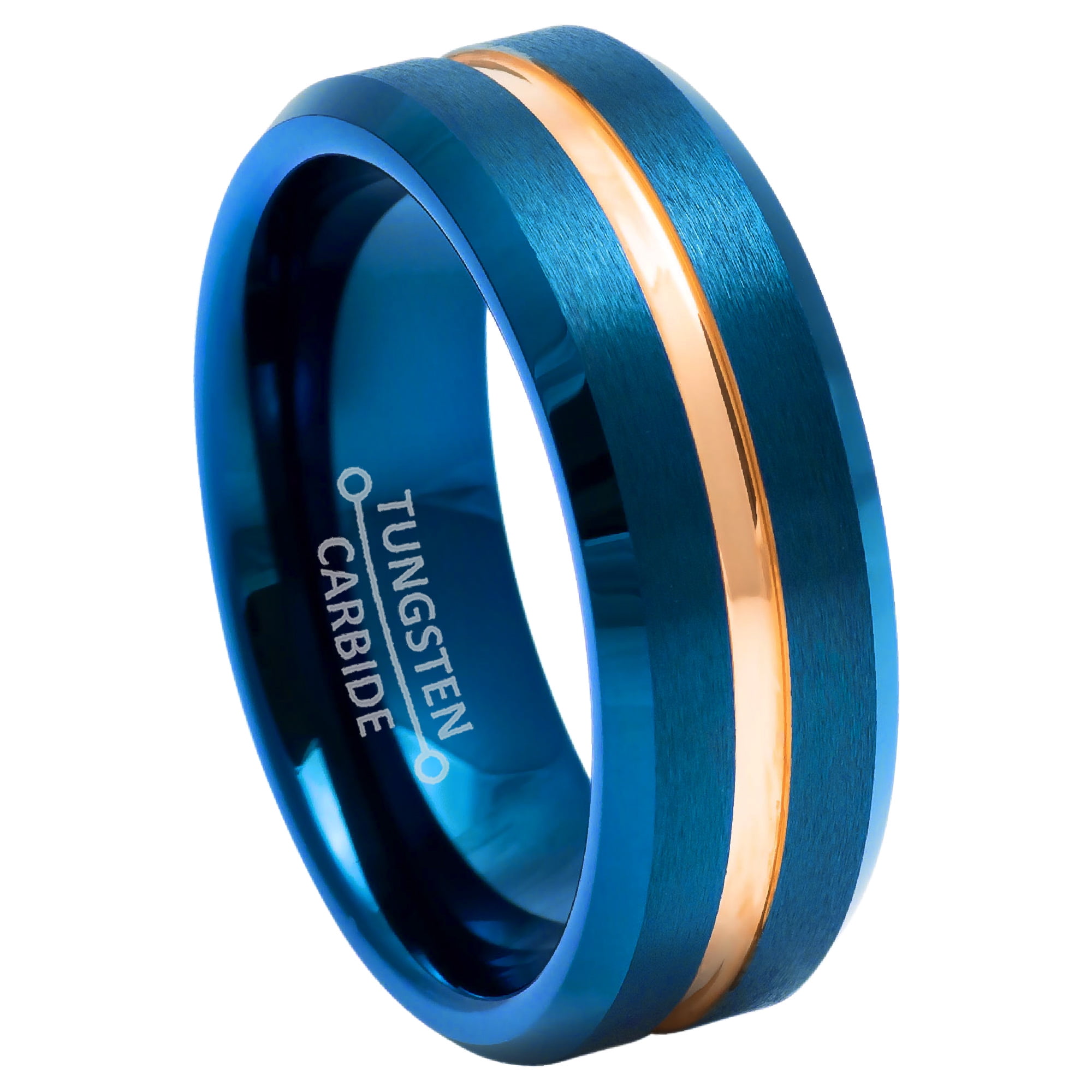 8mm Mens Blue Tungsten Wedding Band, Grooved Center, Beveled Edge ...