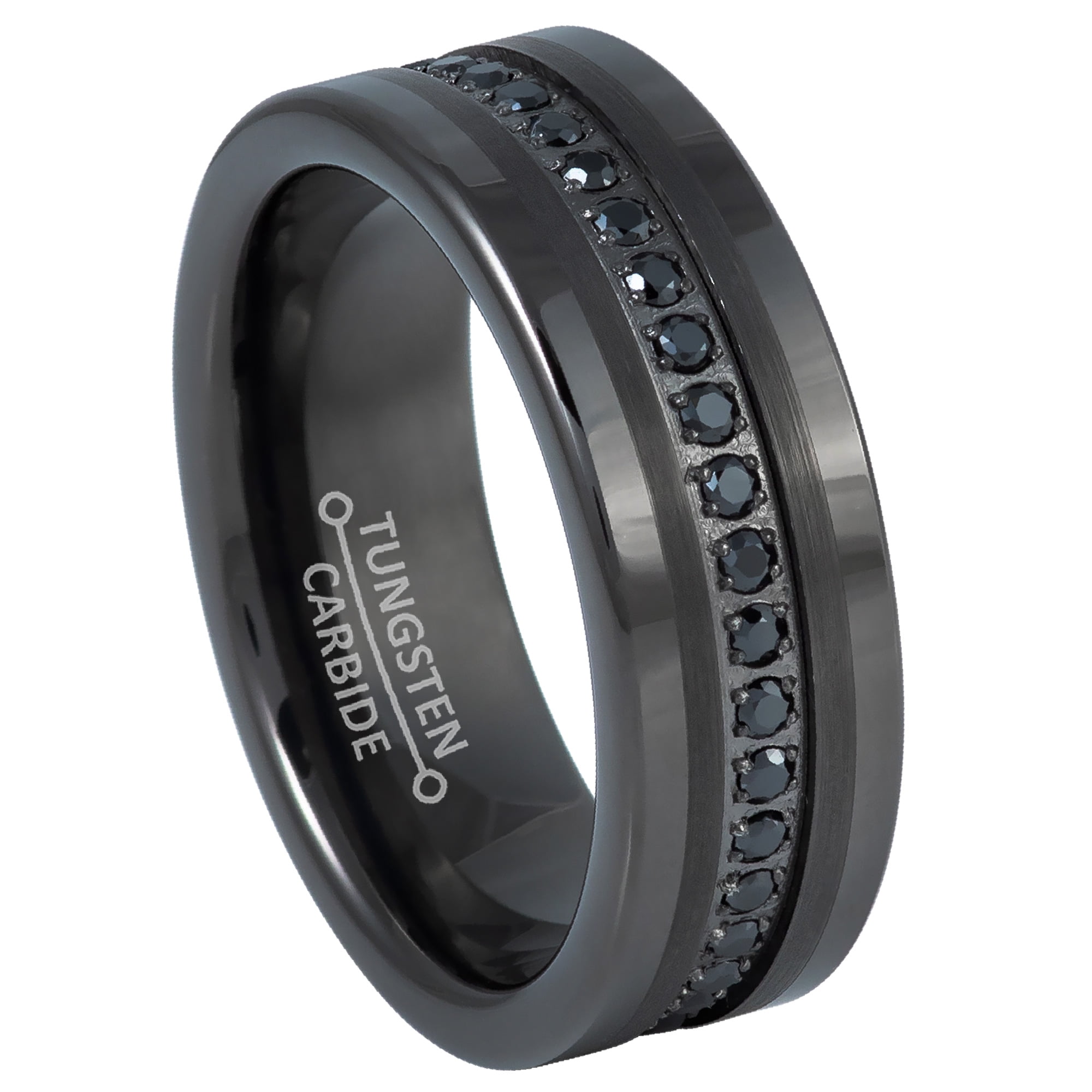 8mm Mens Gun Metal Eternity Tungsten Wedding Band, Black CZ Stones ...