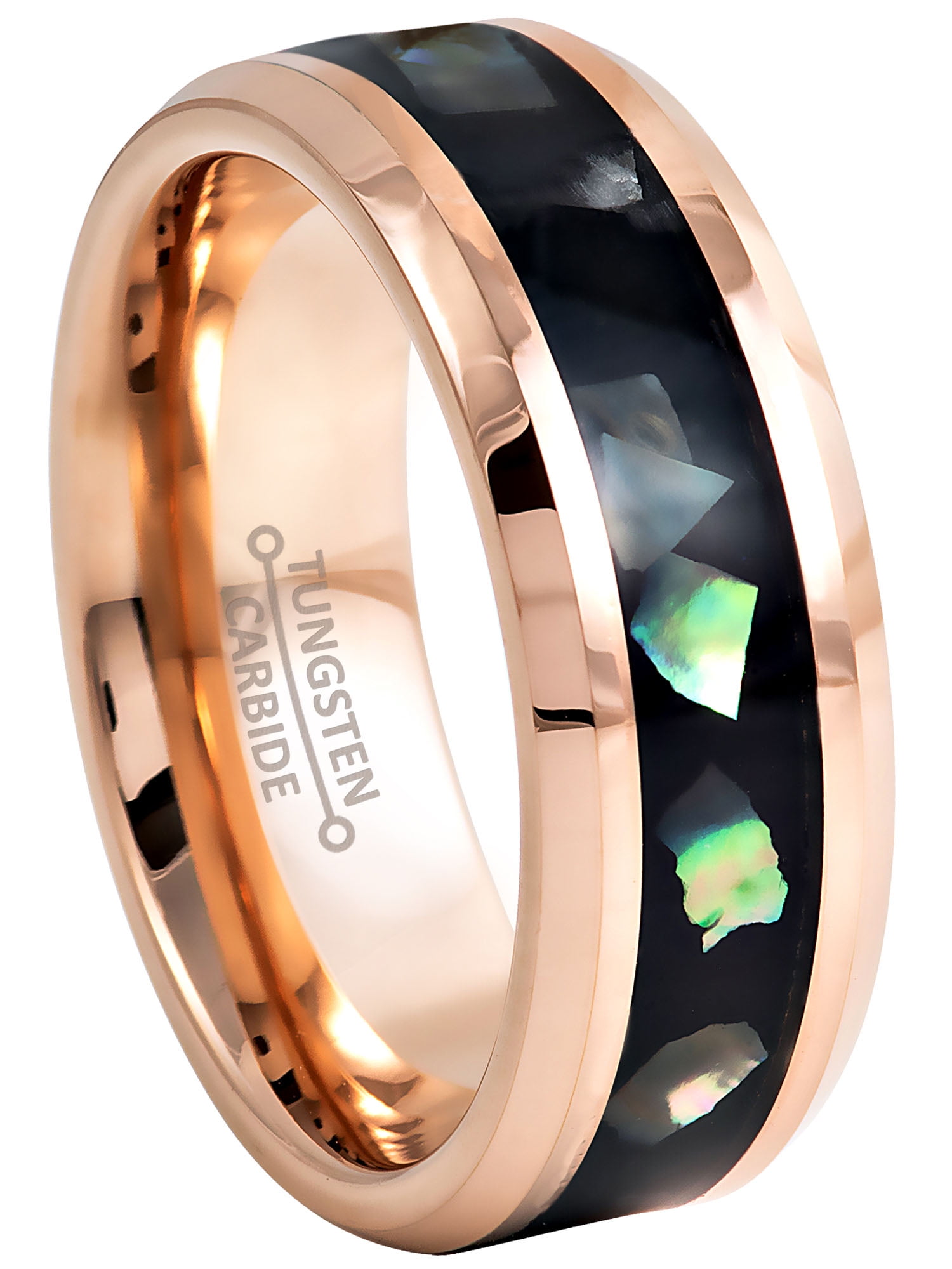 8mm Mens Rose Gold Tungsten Wedding Band, Abalone Shell Inlay, Beveled ...