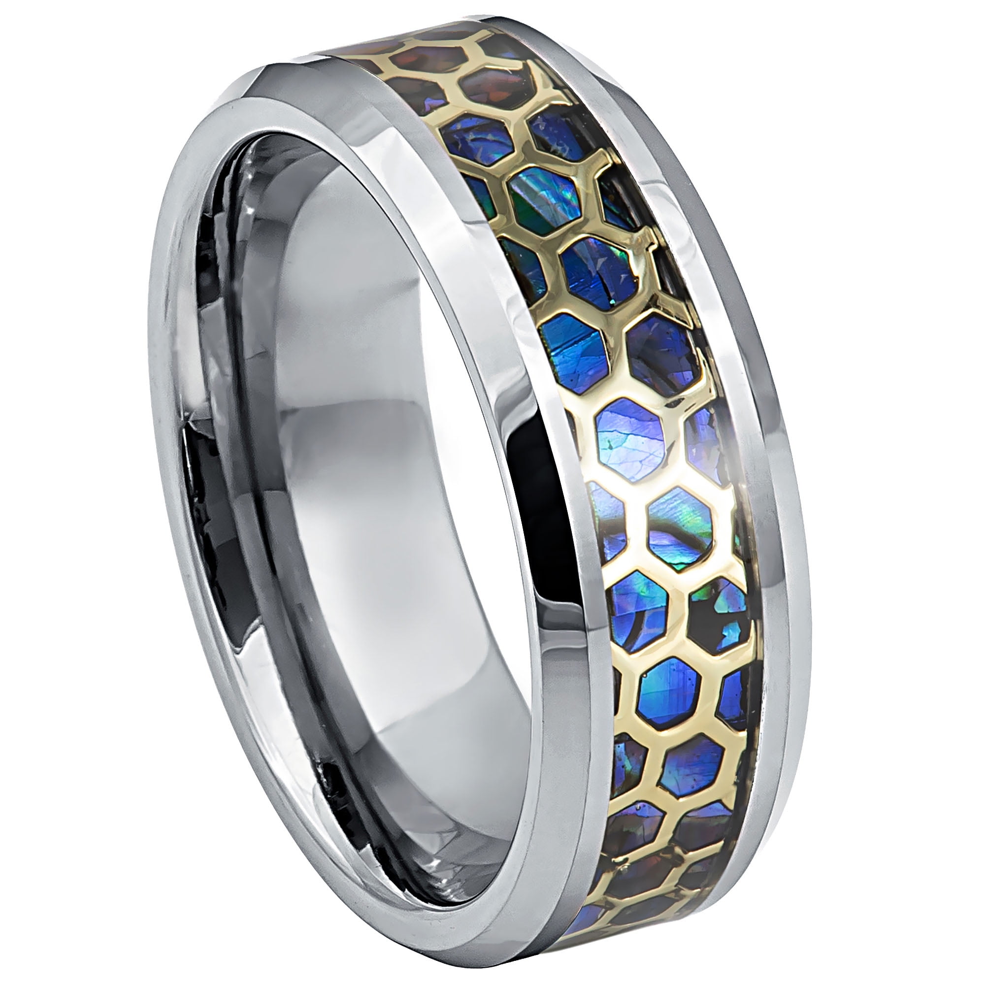 8mm Mens Tungsten Wedding Band, Honeycomb Abalone Inlay, Beveled Edge ...