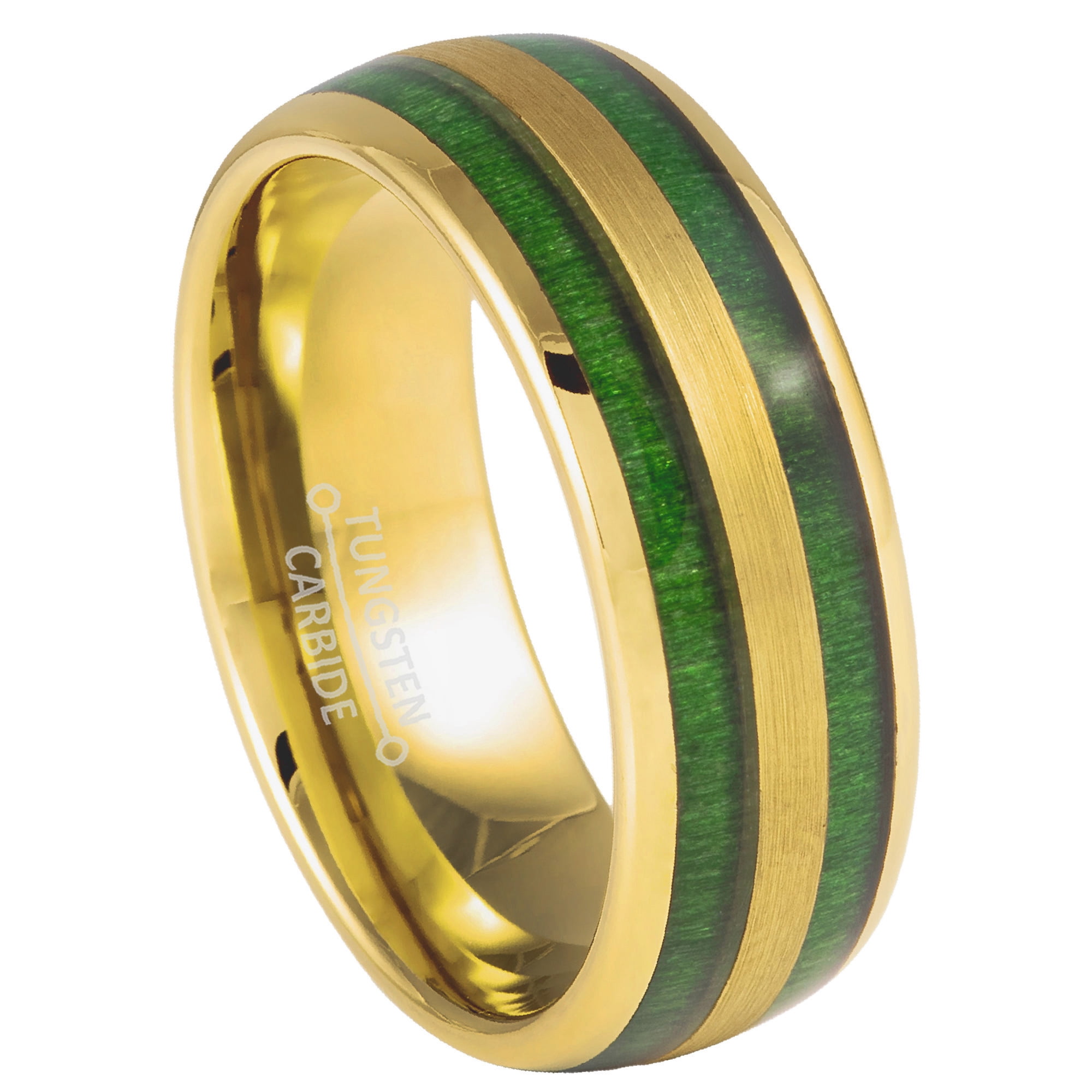 8mm Mens Yellow Gold Tungsten Wedding Band, Green Jade Wood Inlay, Dome Promise Ring ...