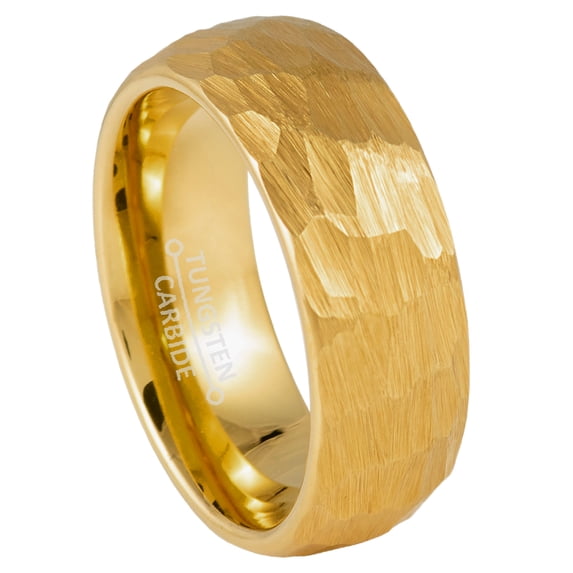 8mm Mens Yellow Gold Tungsten Wedding Band, Hammered Finish, Dome ...