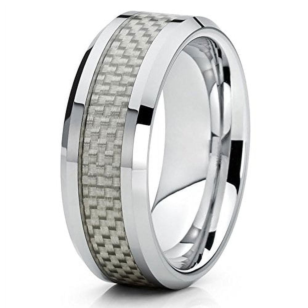8mm Polished Silver Tungsten Carbide Wedding Ring Beveled Edges Carbon ...